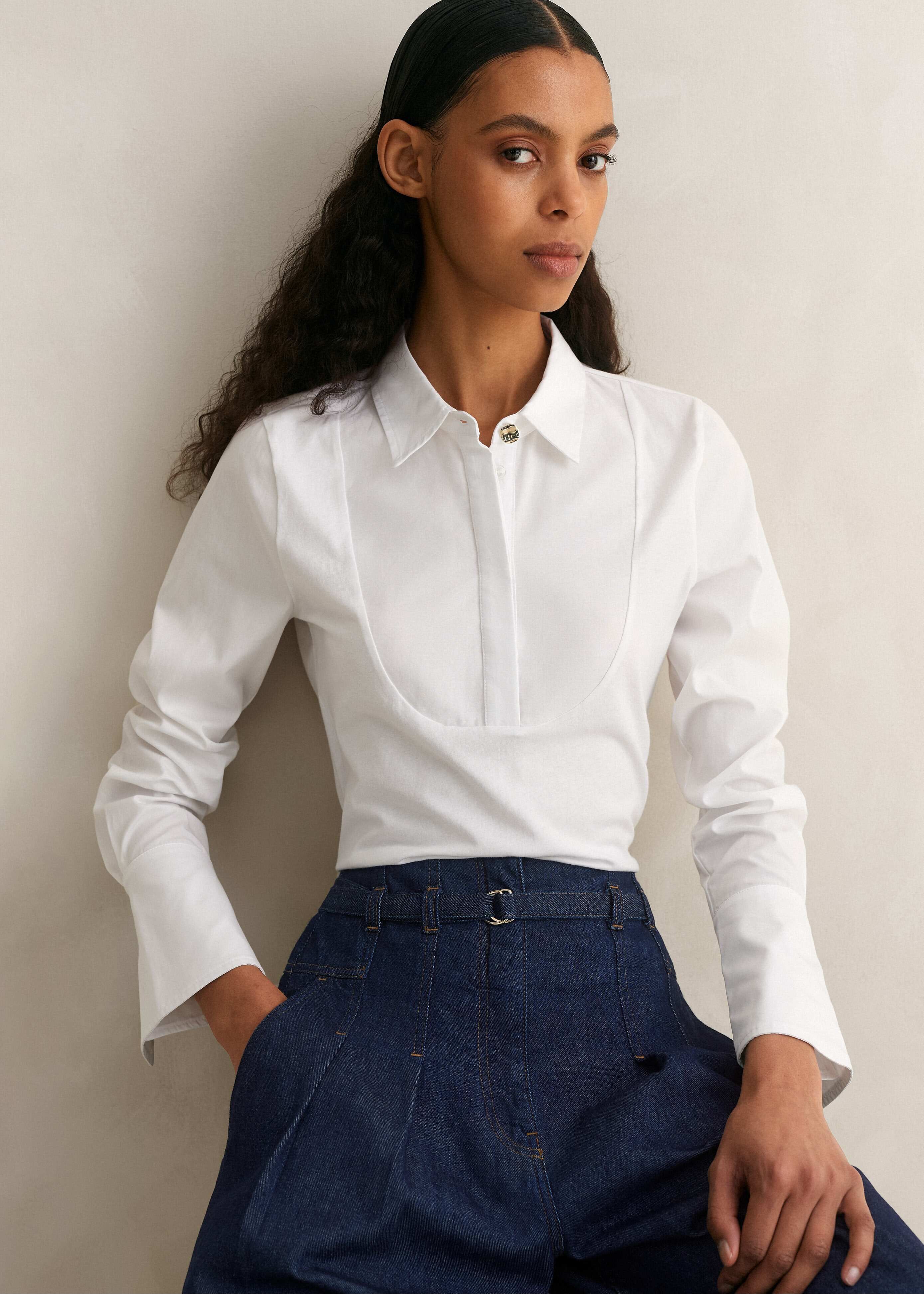 White Classic Bib Detail Layering Shirt | Women's Cotton Shirts | ME+EM