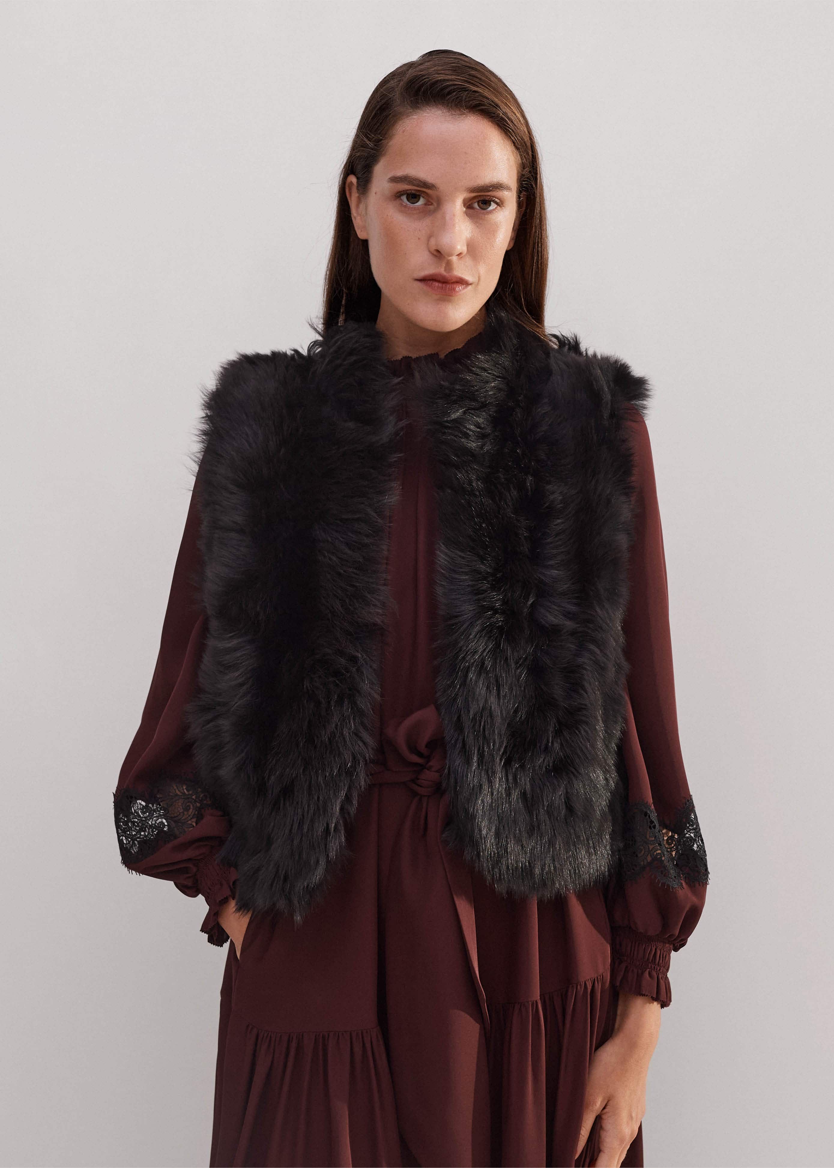 Bitter Chocolate Toscana Shearling Reversible Cropped Gilet | Women's ...