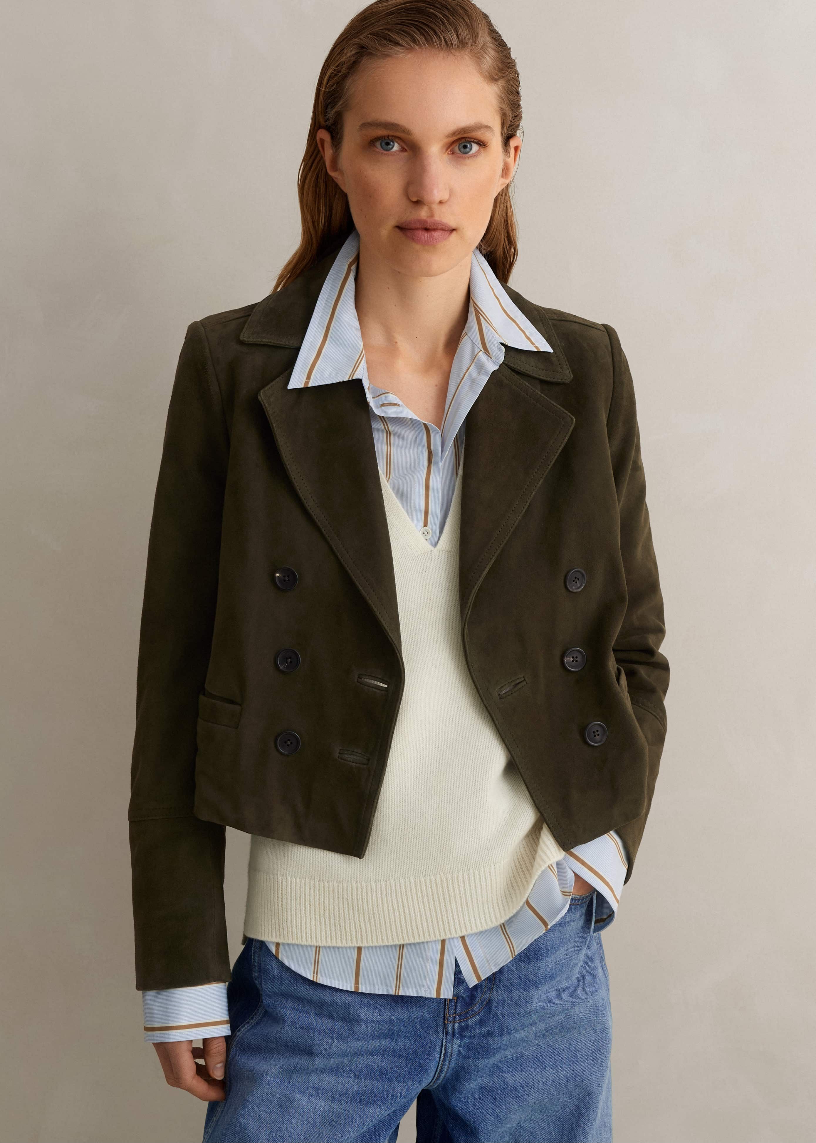 Dark Green Suede Cropped Military Jacket | Women's Outerwear | ME+EM