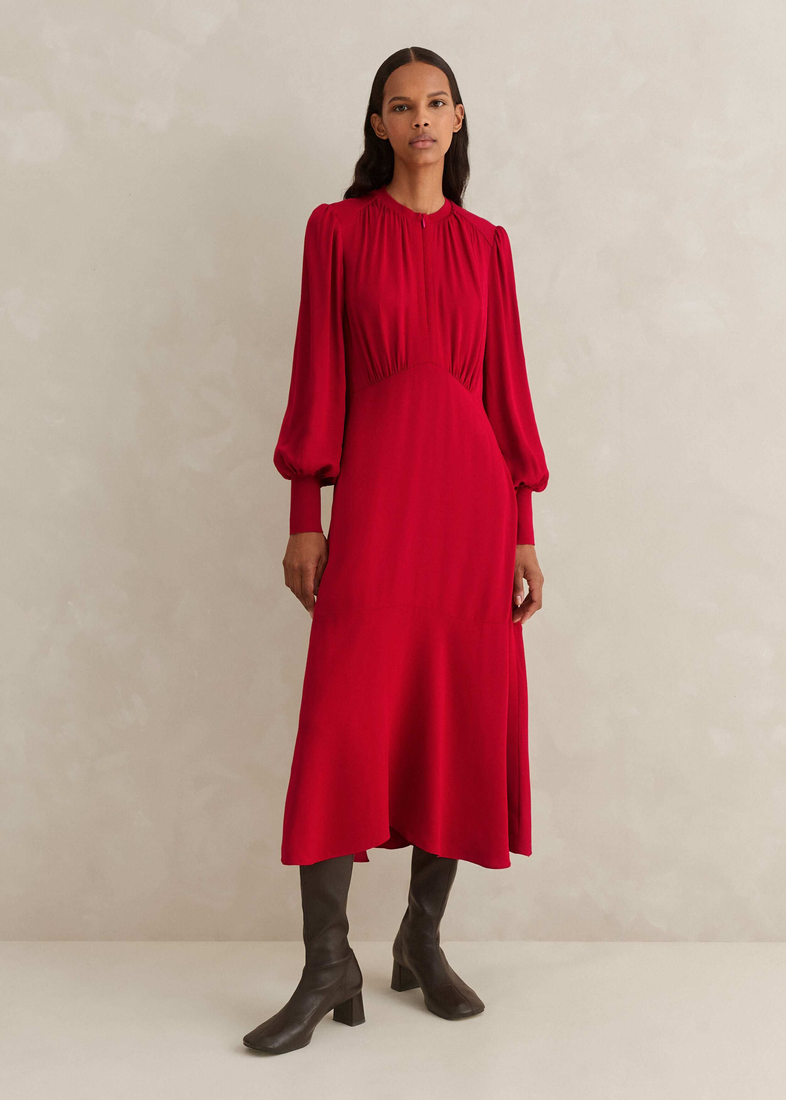 Women's Red Elegant Panelled Midi Dress | ME+EM