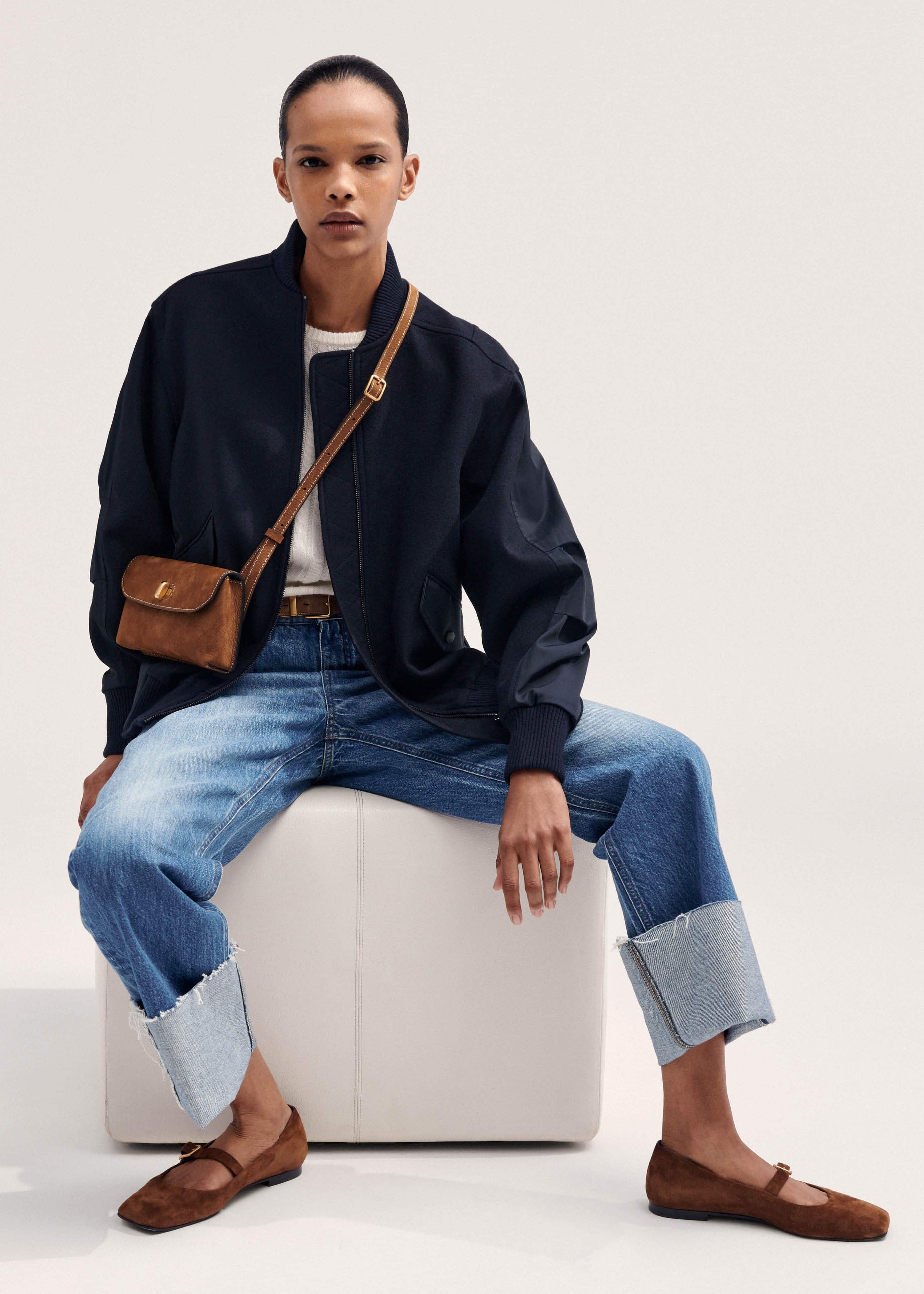 Women's Navy Flannel Mix Deconstructed Bomber Jacket | ME+EM