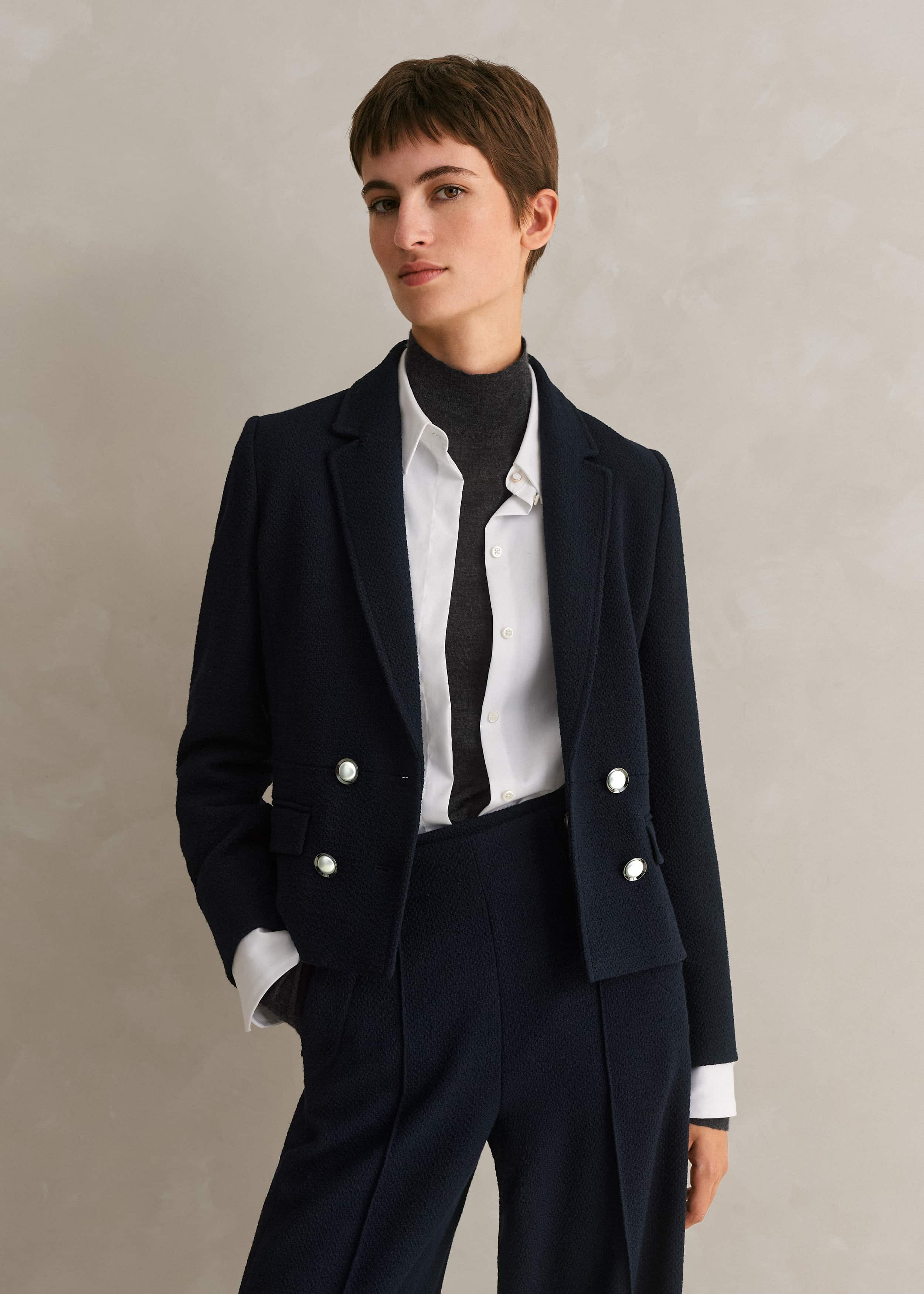 Women's Navy Textured Bracelet Sleeve Contour Jacket | ME+EM