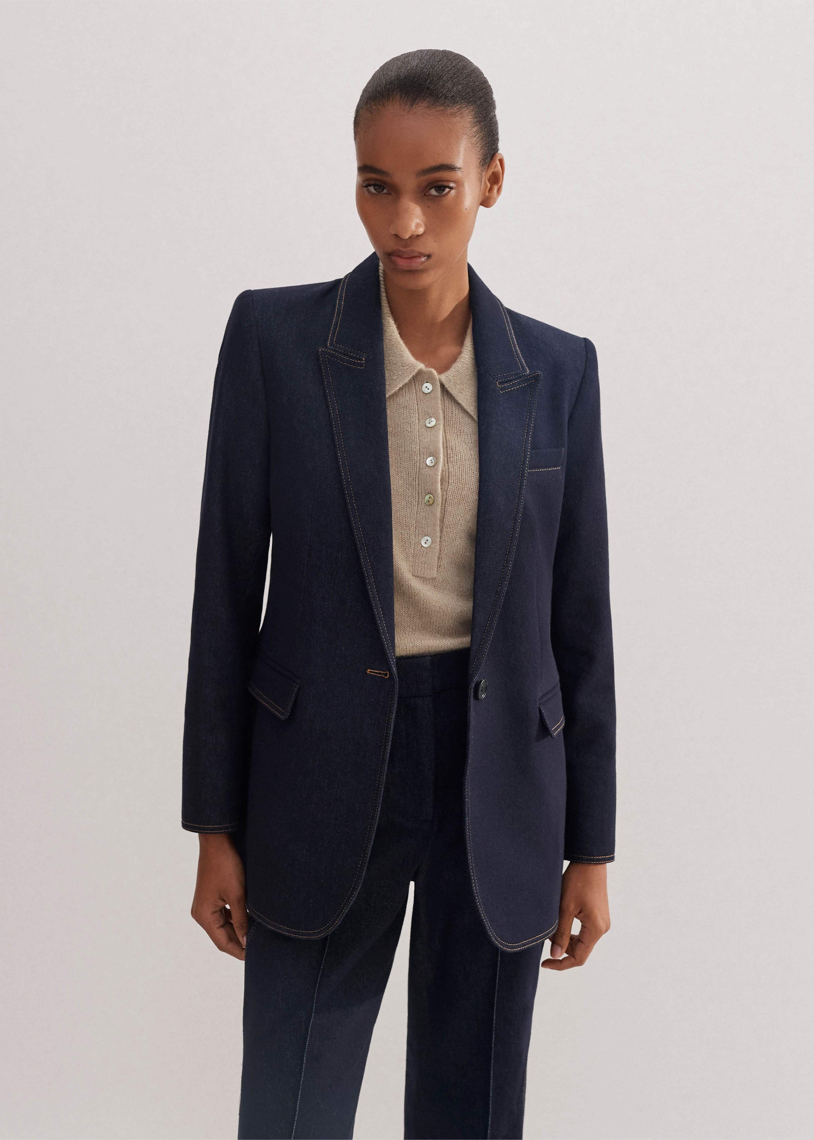 Women's Navy Cotton-Blend Denim Sharp Shoulder Blazer | ME+EM