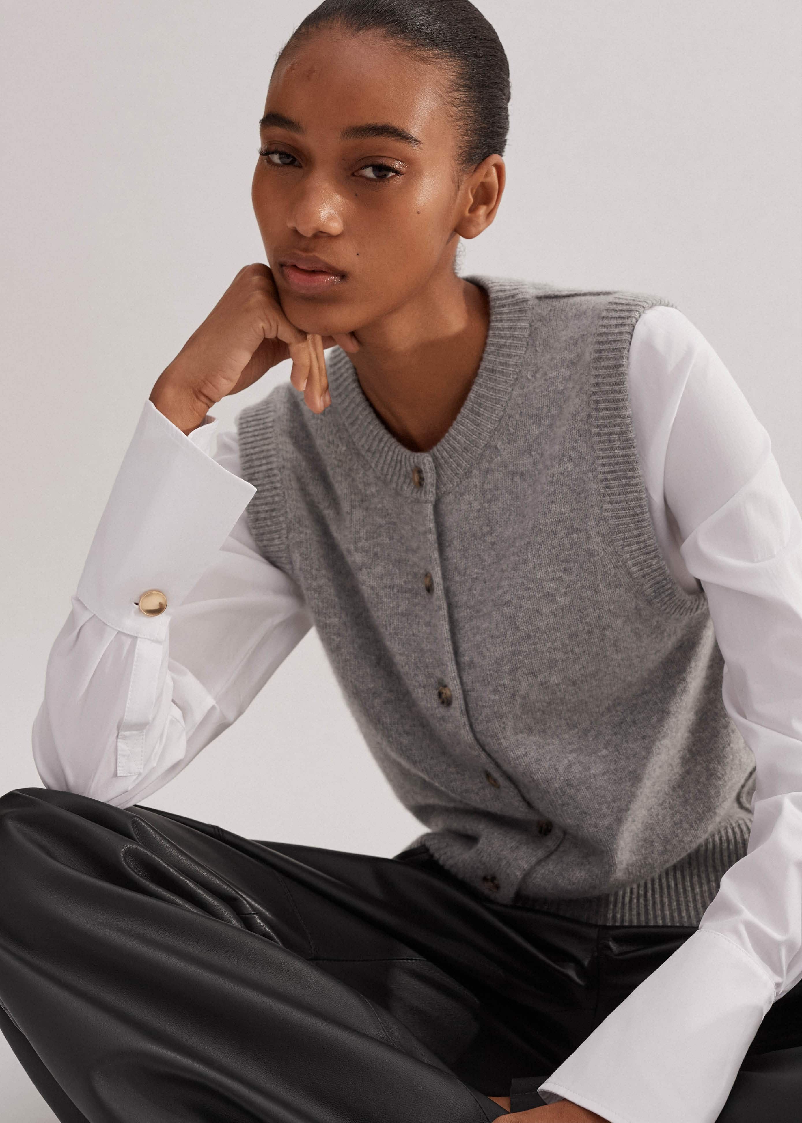 Women's White Feature Button Crew Neck Layering Shirt | ME+EM