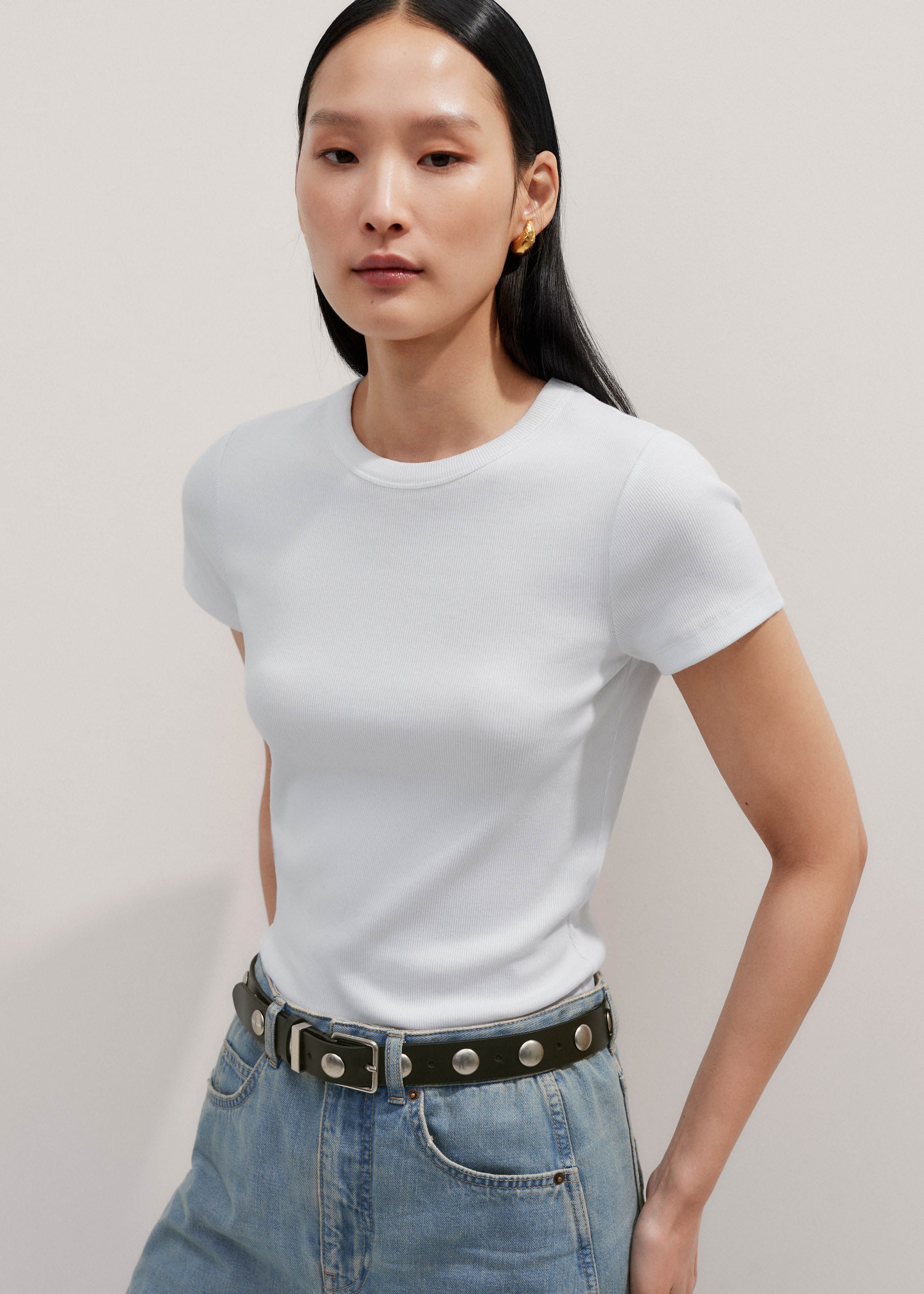 Women's White Ultimate Fitted Rib Crew Neck Tee | ME+EM