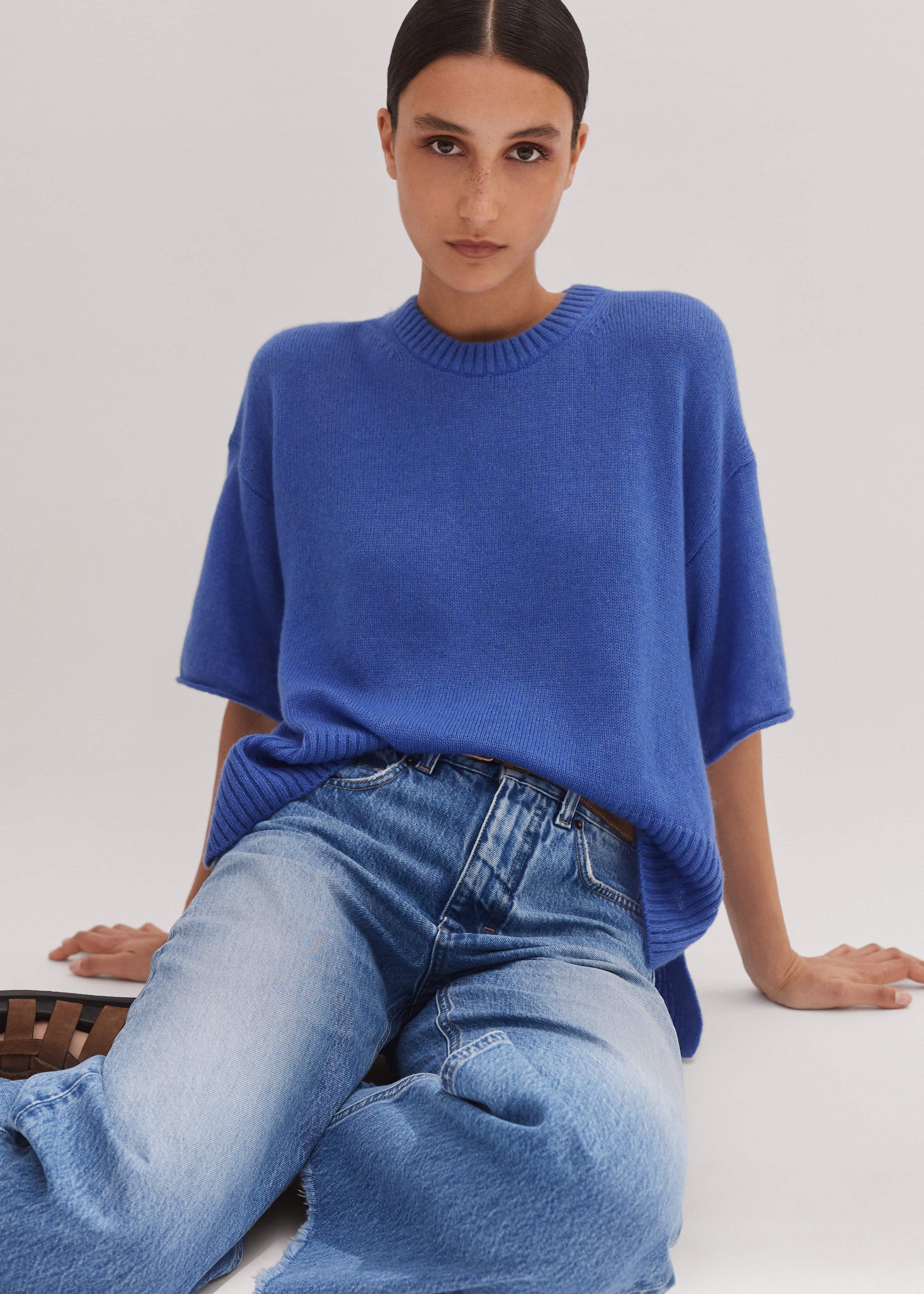Women's Blue Merino Cashmere Silk Lofty Relaxed Tee | ME+EM
