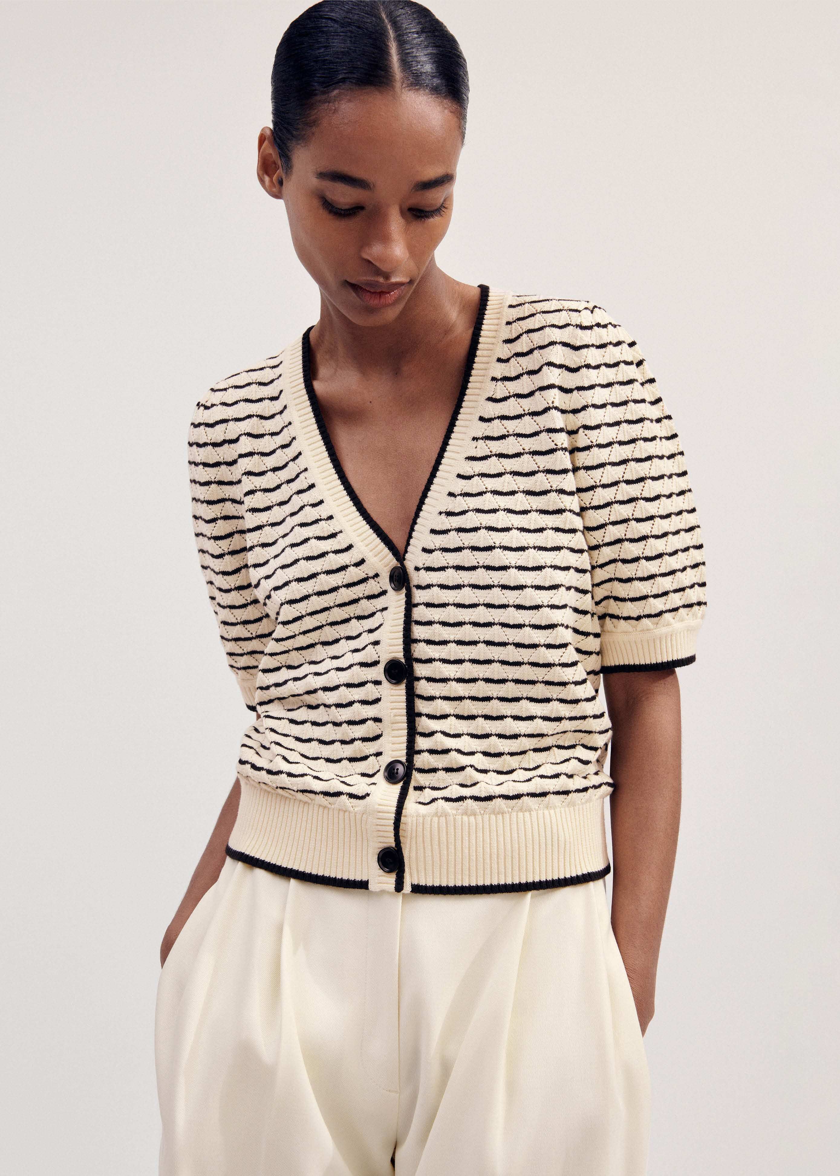 Women's Cream Cotton Textured Lace Stitch Button-Front Tee | ME+EM