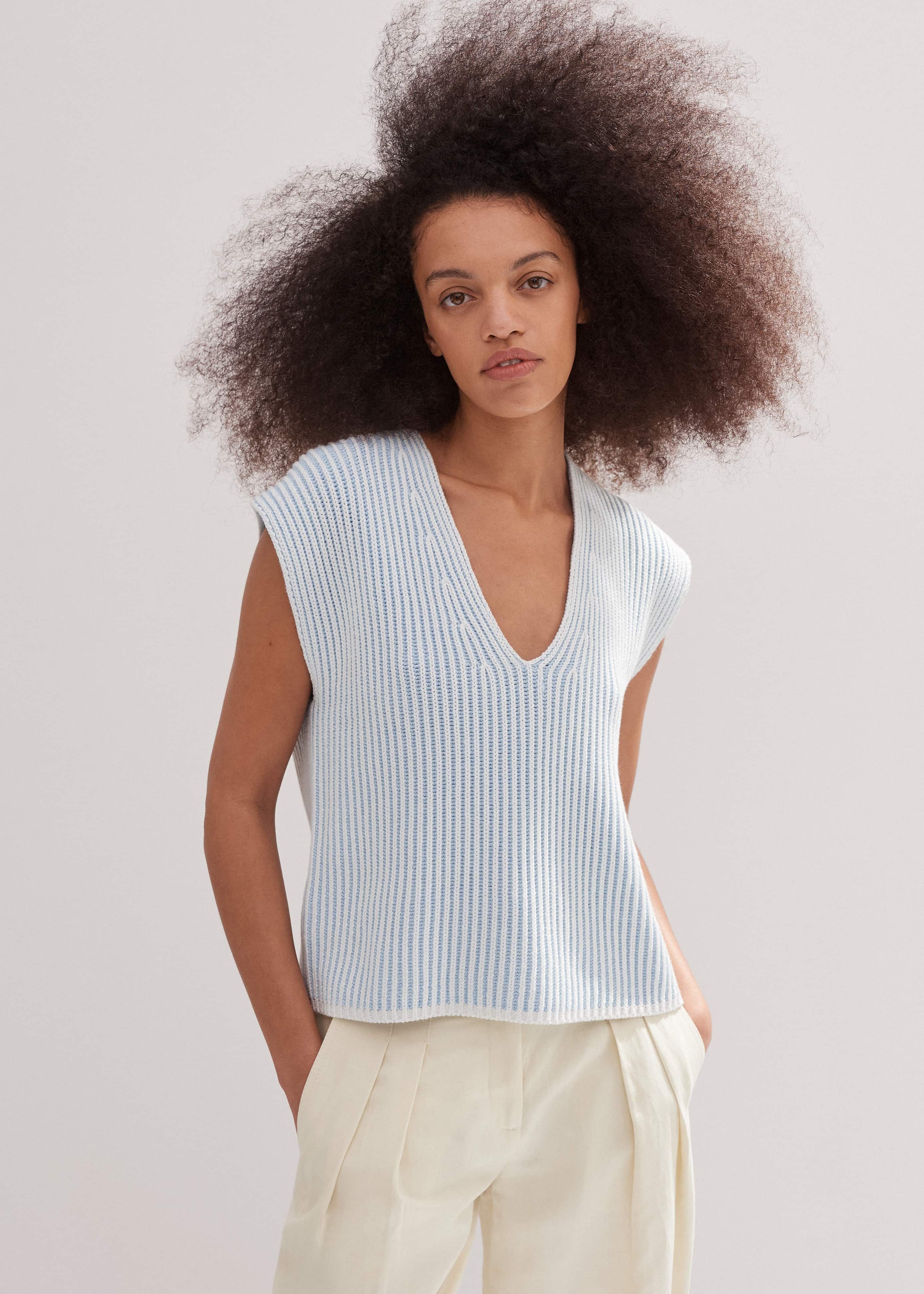 Women's Blue Soft-Touch Rib Cotton Knit Sweater Vest | ME+EM
