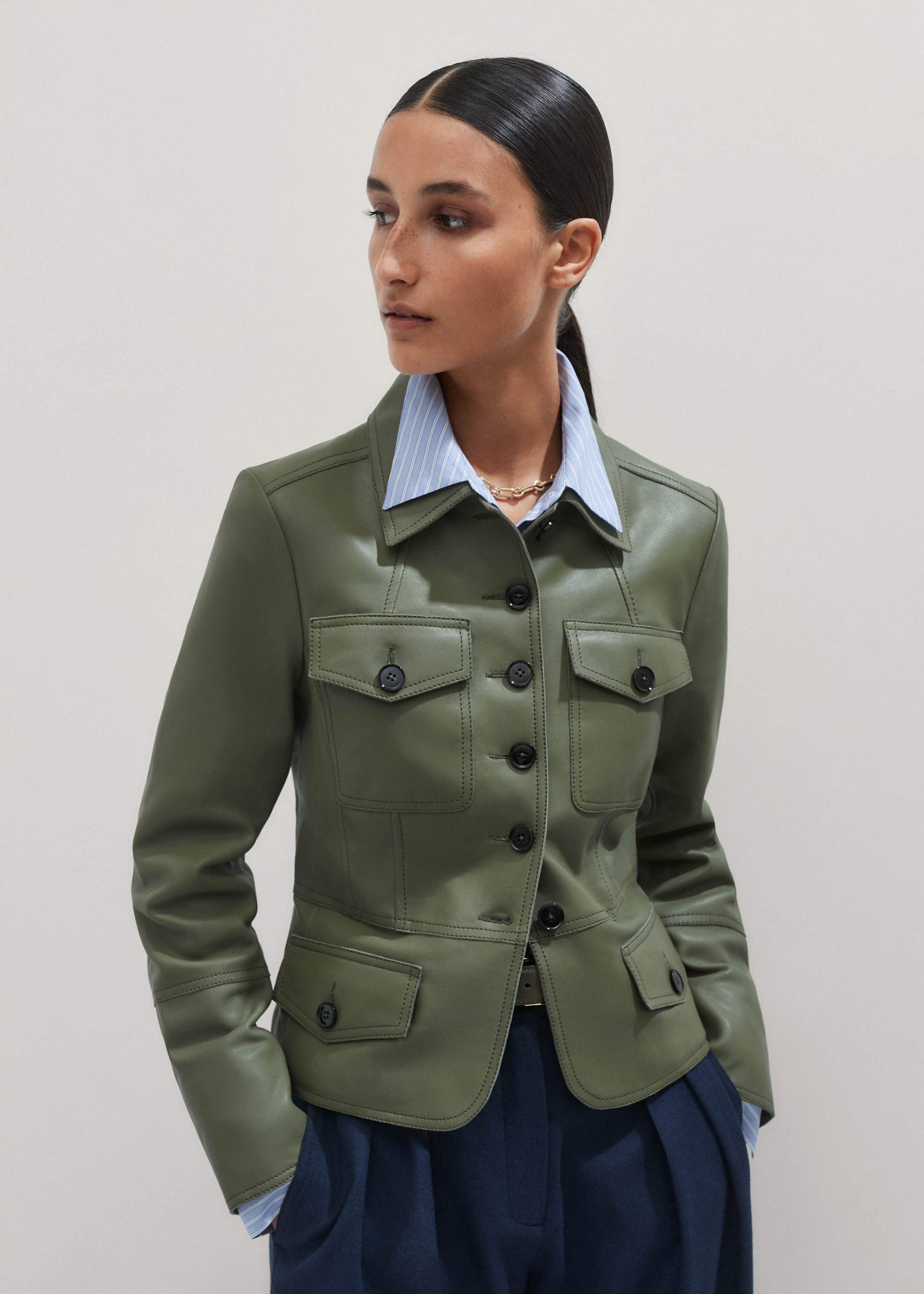 Women's Green Washed Leather Fitted Utility Jacket | ME+EM