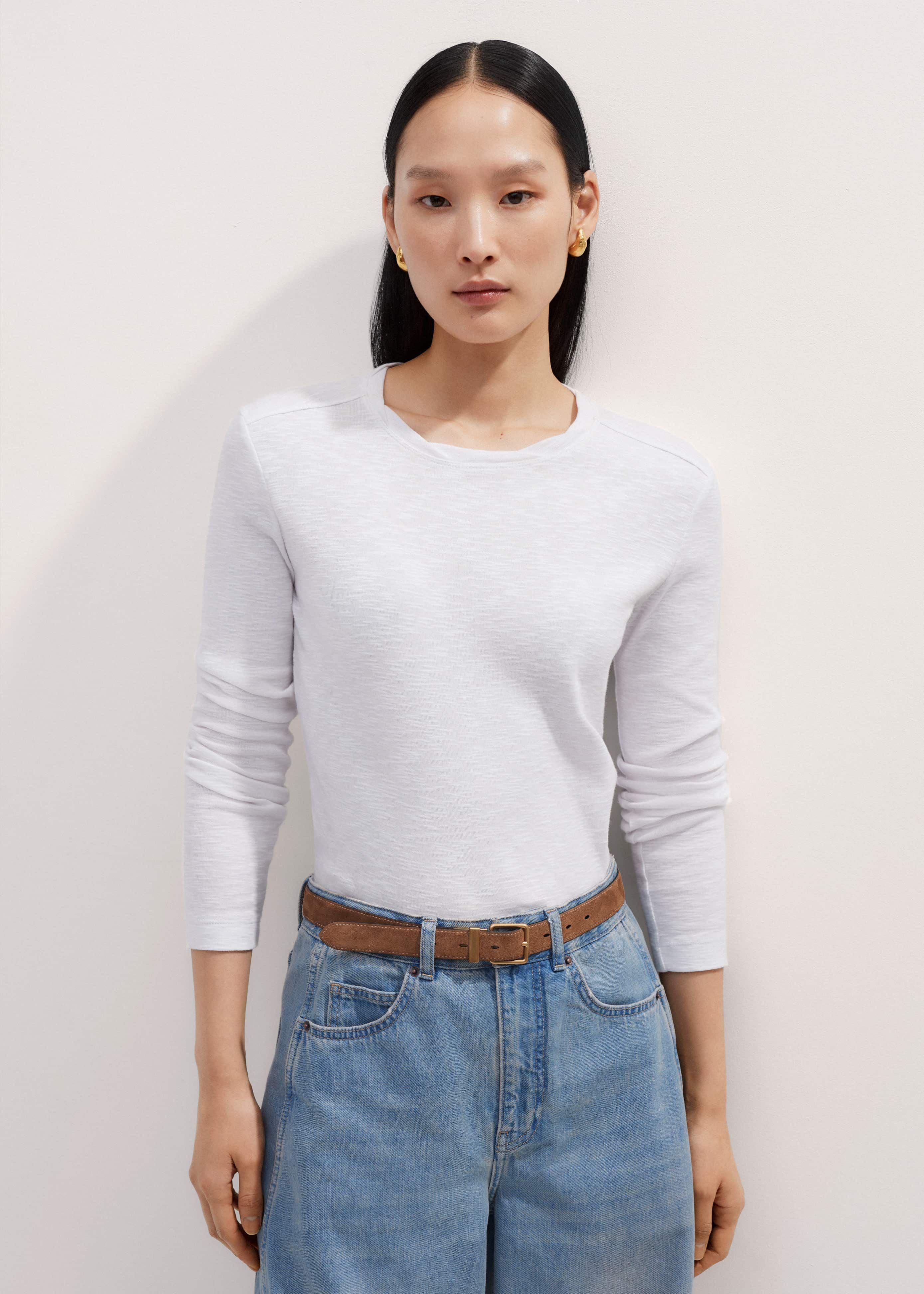 Women's White Crew Neck Long Sleeve Tee | ME+EM