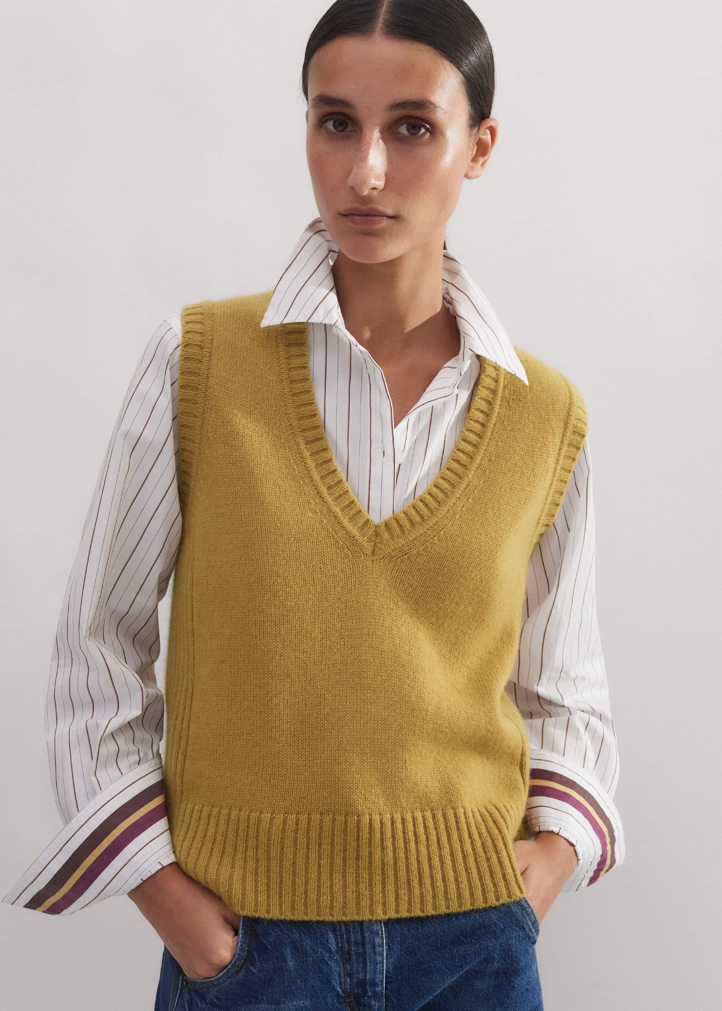 Women's Yellow Merino Cashmere Silk Lofty V-Neck Vest | ME+EM