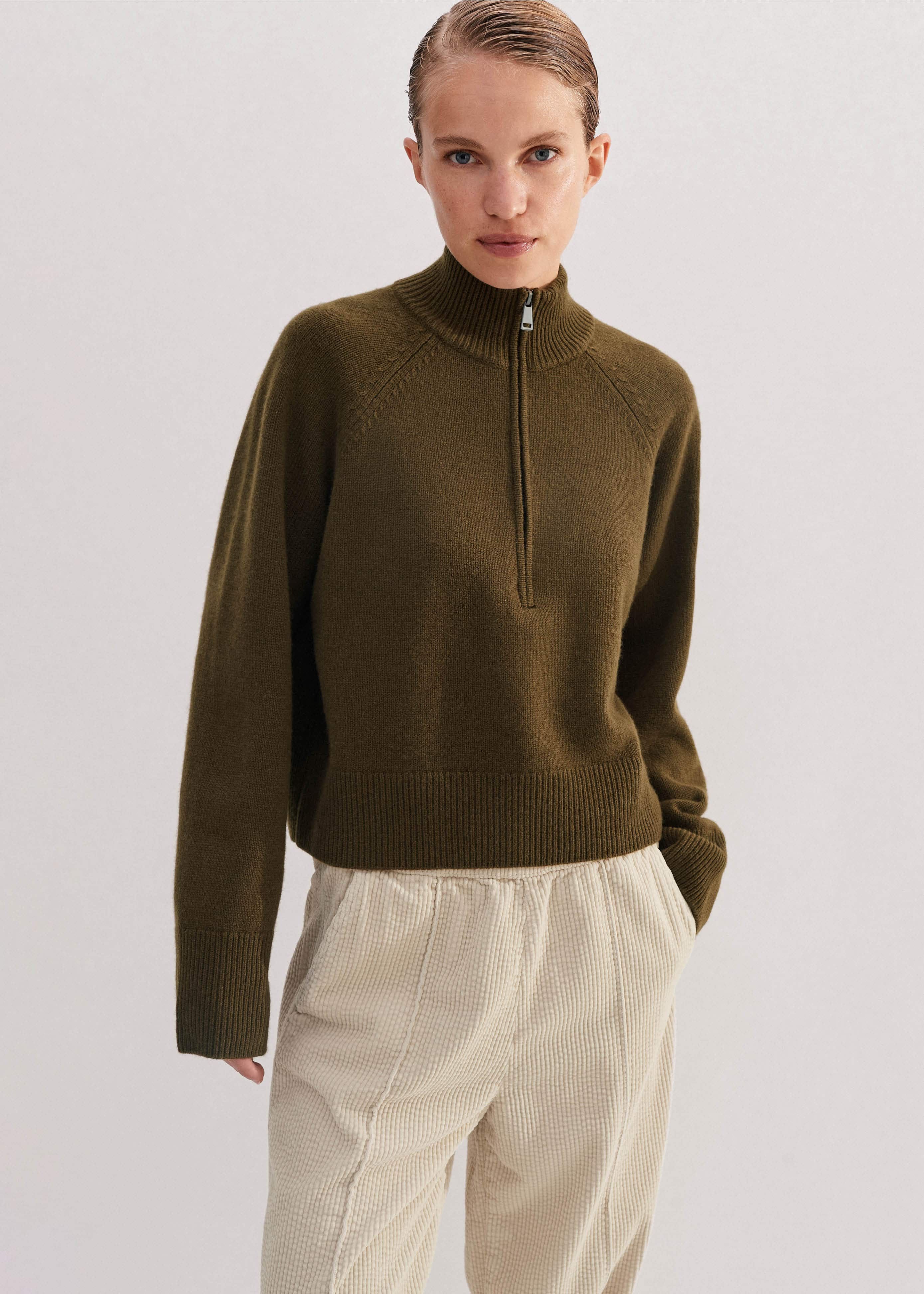 Women's Green Merino Cashmere High Zip Neck Crop Jumper | ME+EM