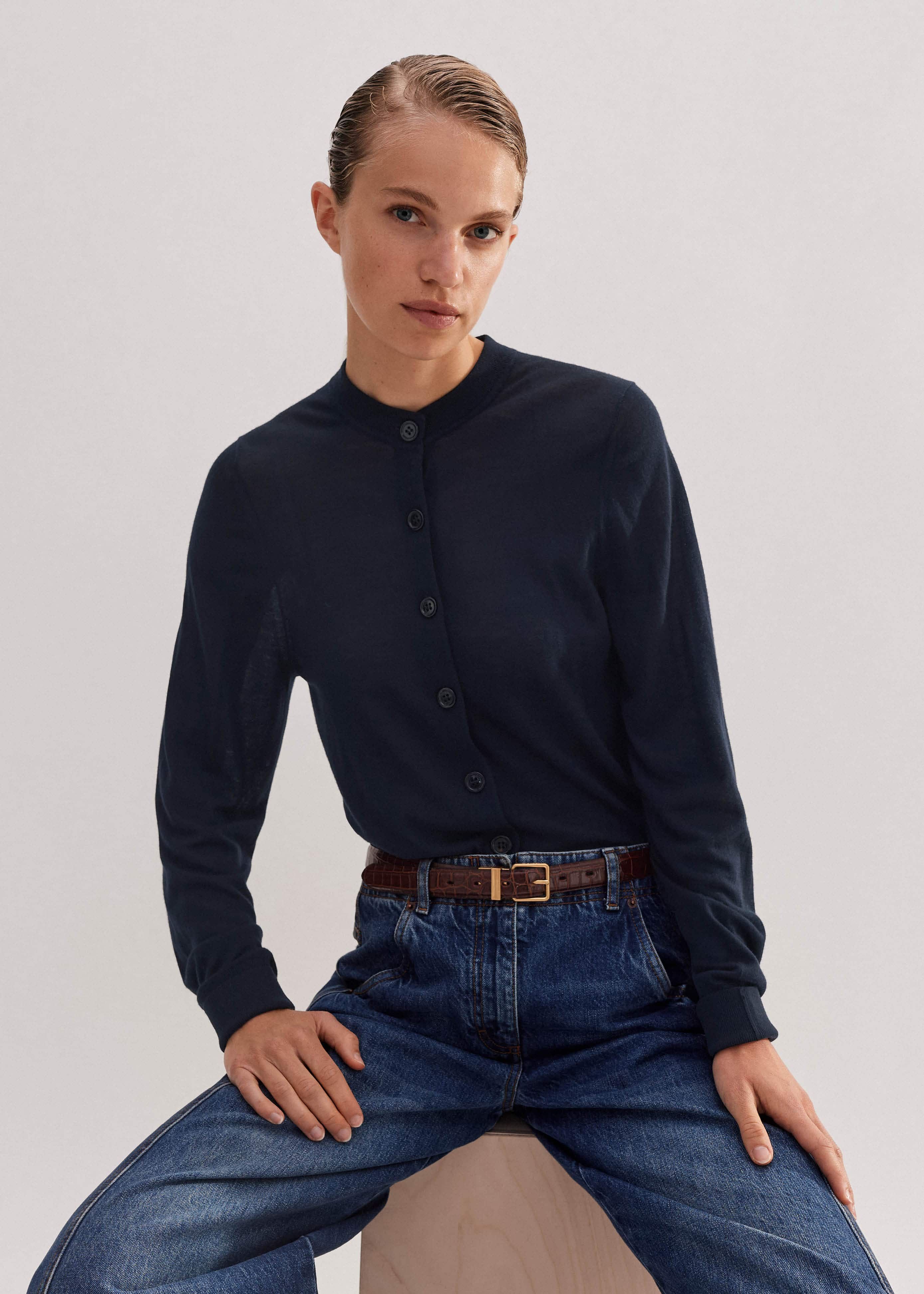 Women's Navy Superfine Merino Crew Neck Cardigan | ME+EM
