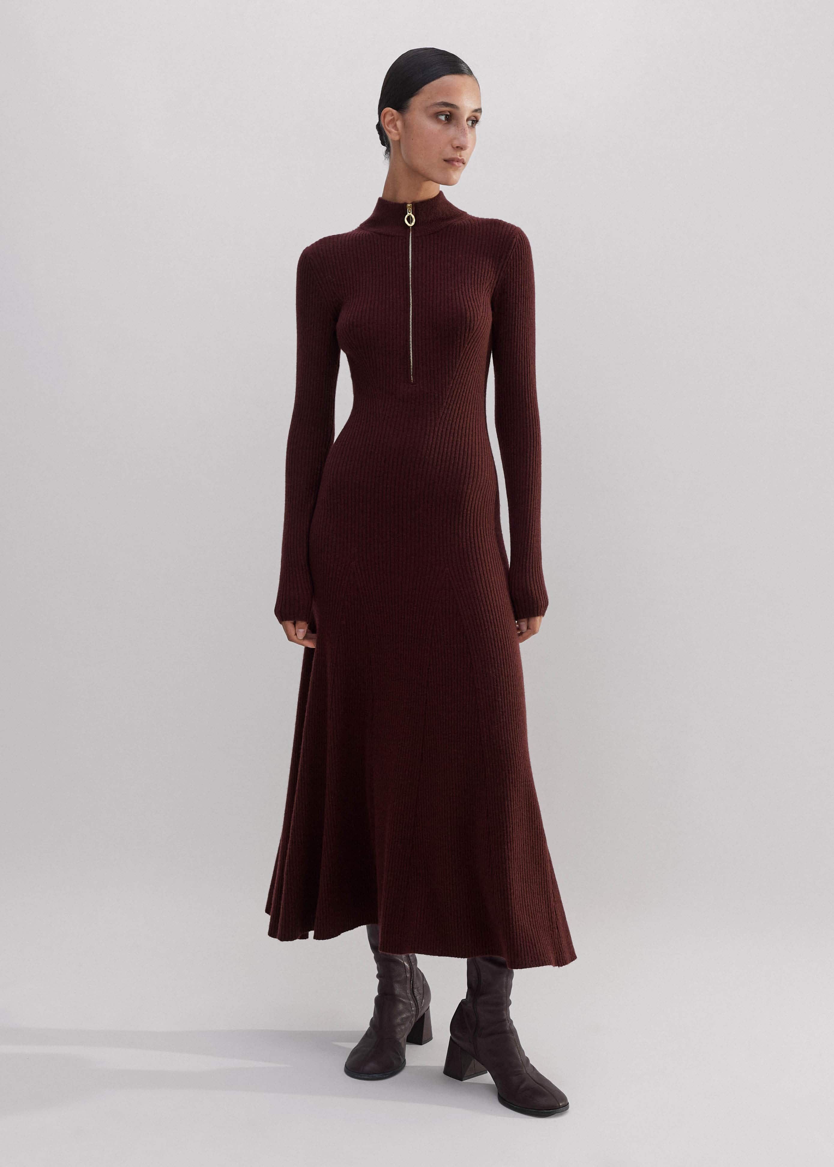 Women's Red Merino Cashmere High Zip Neck Maxi Dress | ME+EM