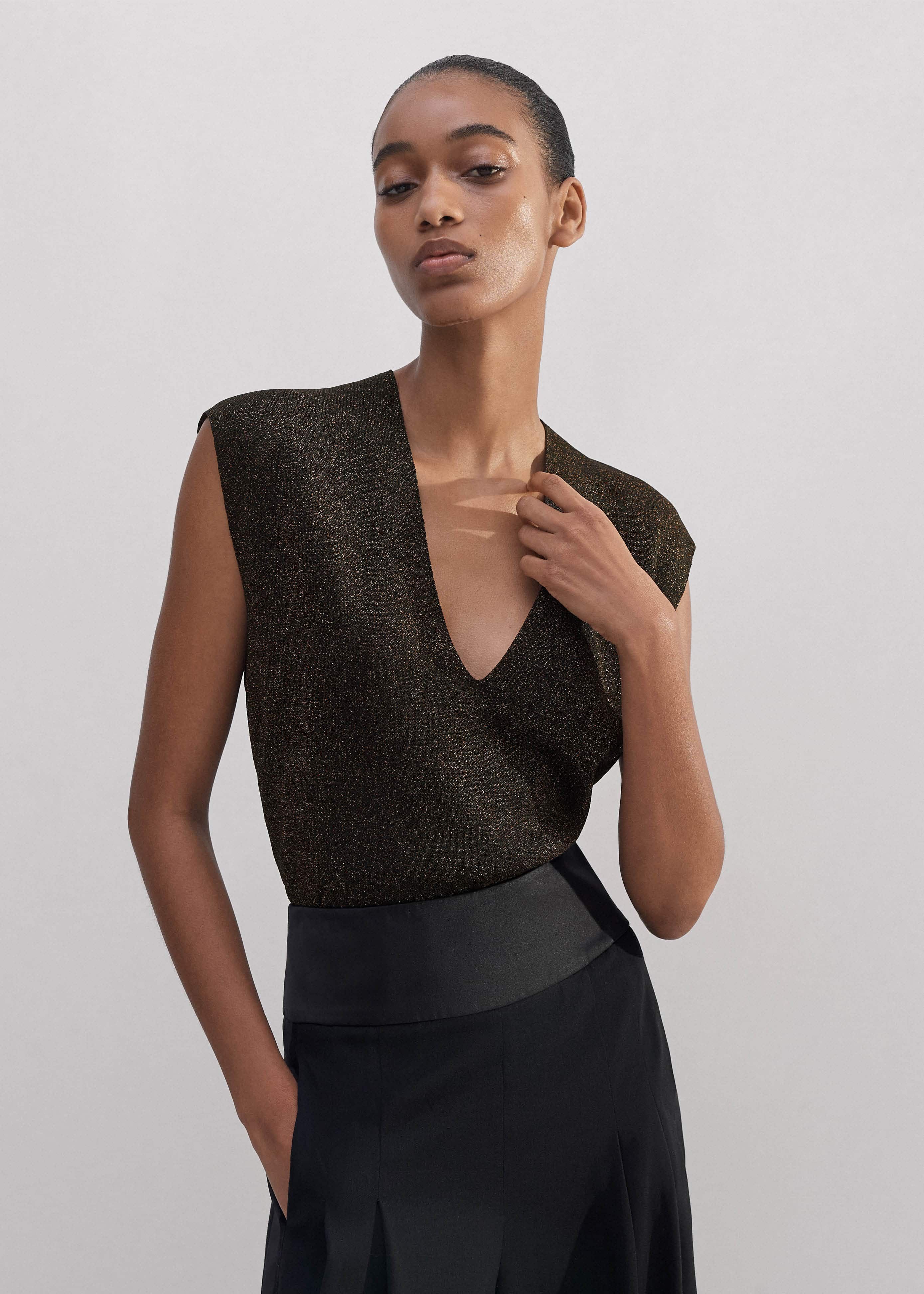 Women's Brown Metallic V-Neck Top | ME+EM