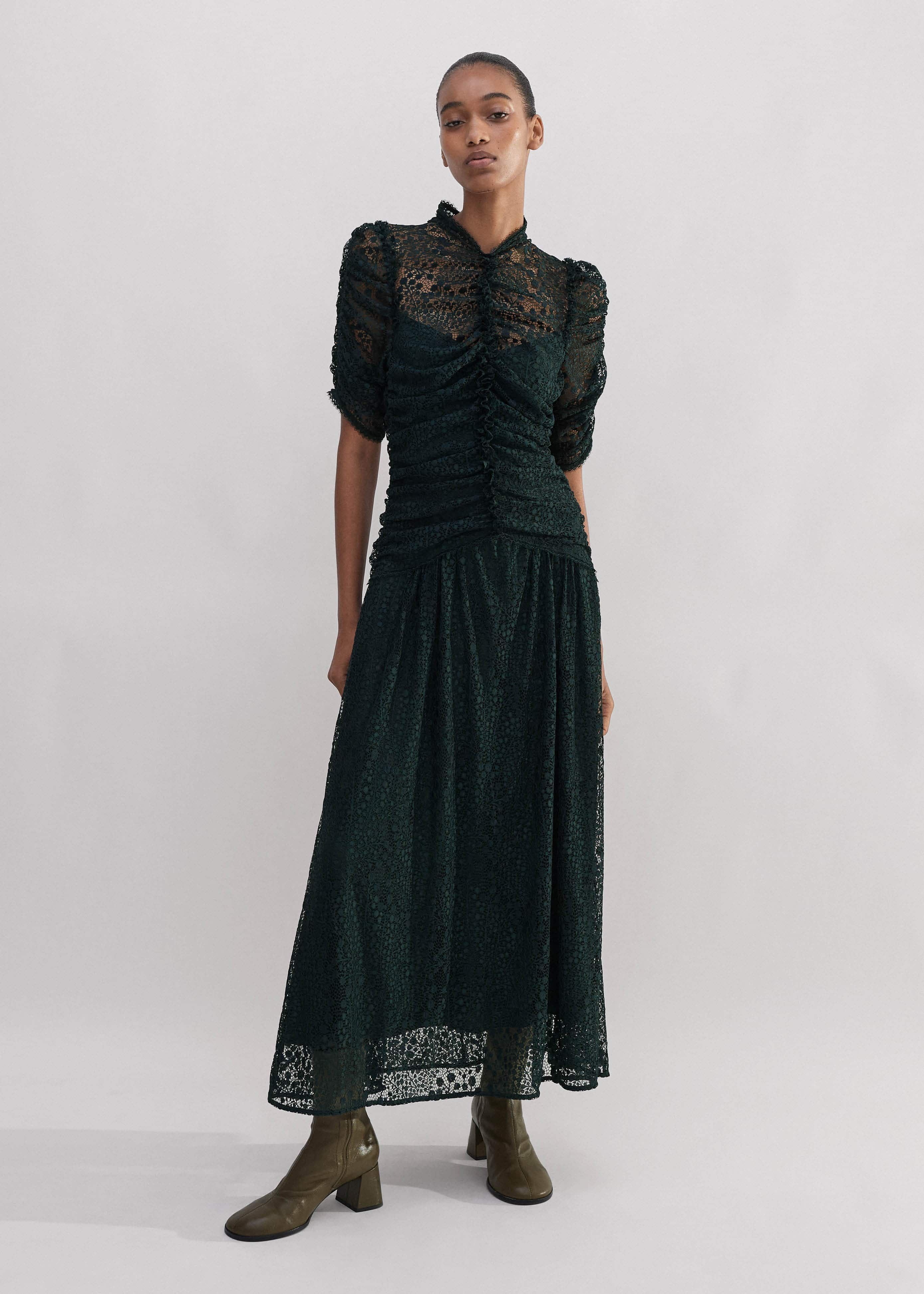 Women's Green Botanical Lace Ruched Maxi Dress | ME+EM