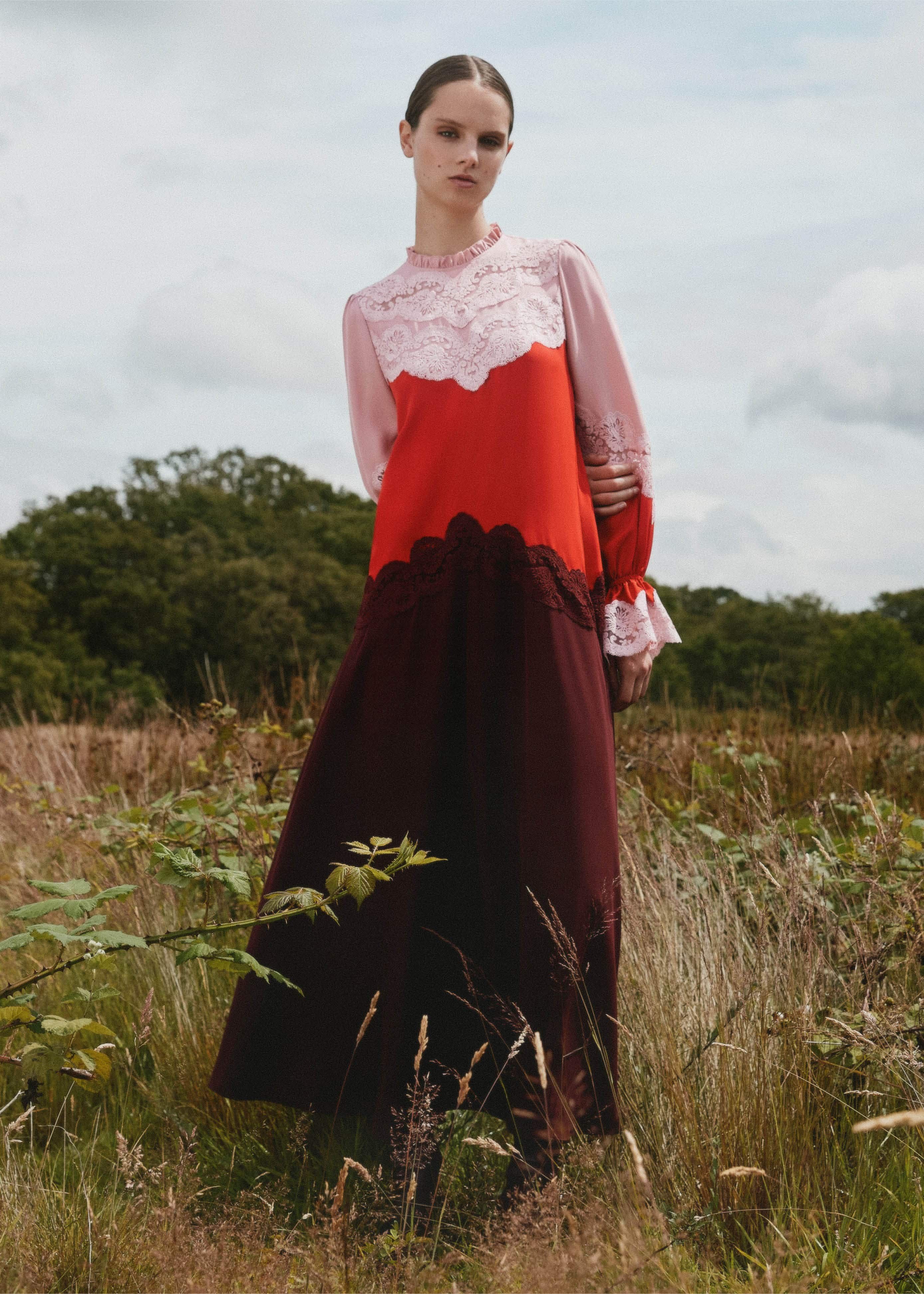 Women's Pink Silk Colour Block Lace Maxi Dress + Belt | ME+EM