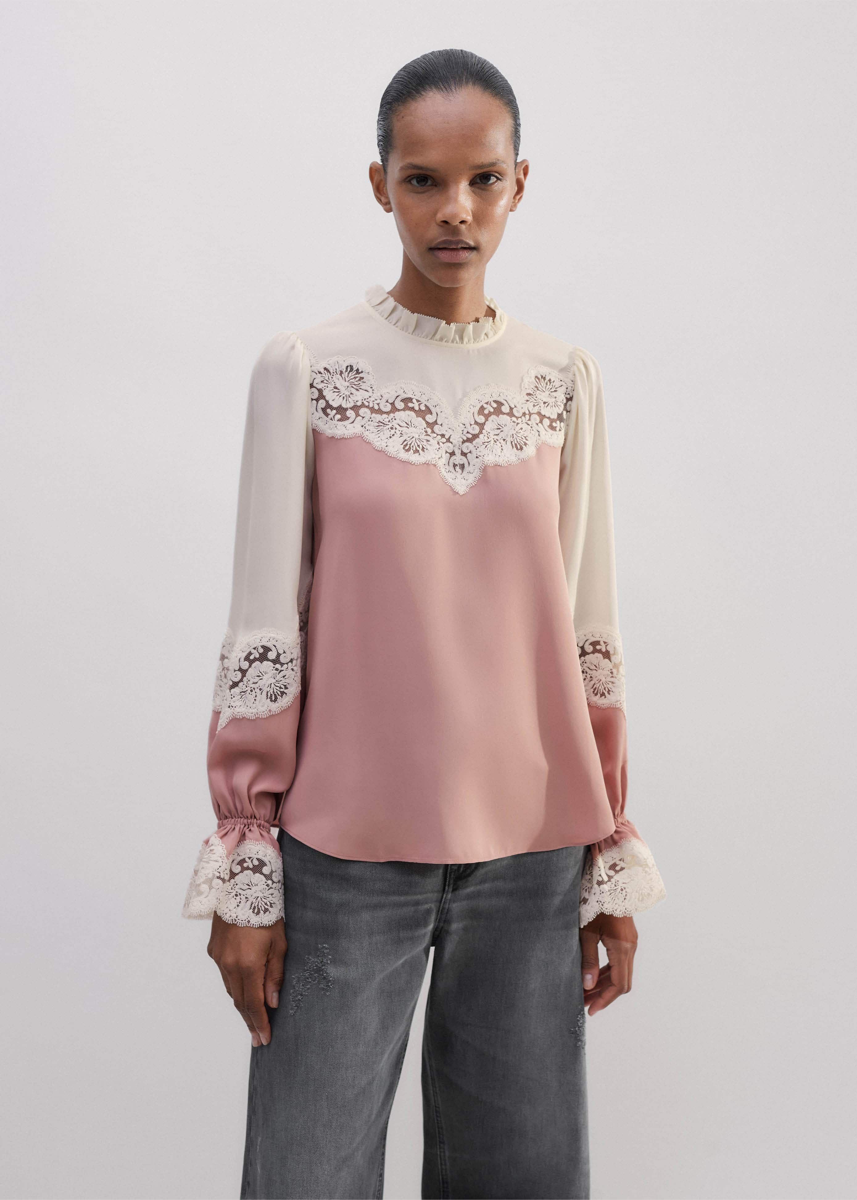 Women's Cream Silk Colour Block Lace Trim Blouse | ME+EM