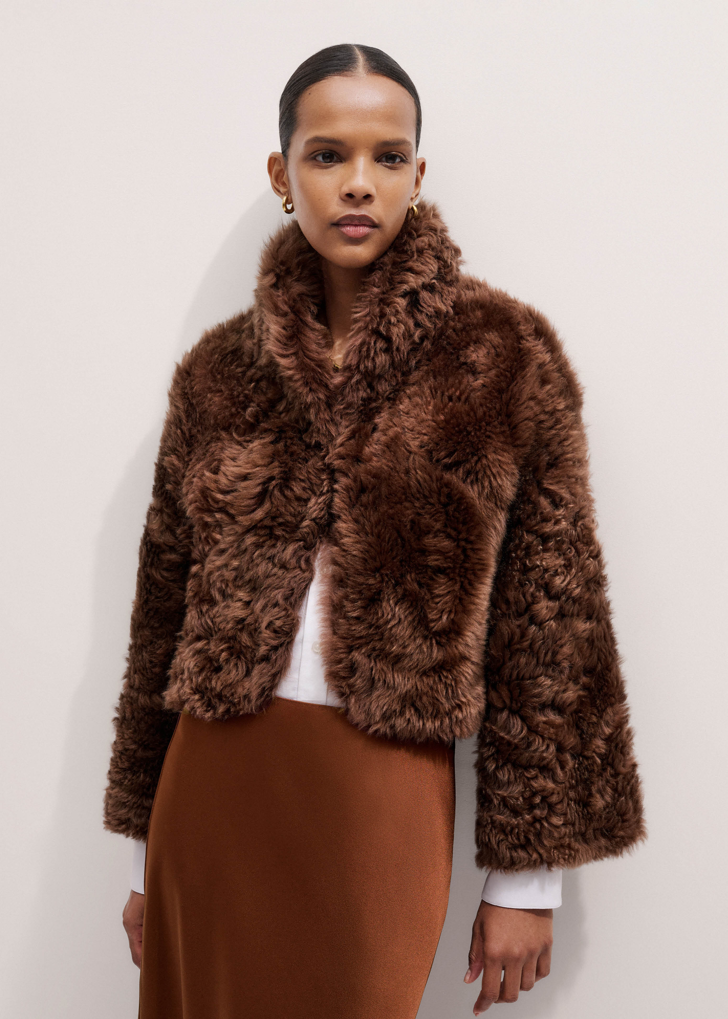 Women's Brown Luxe Shearling Evening Crop Jacket | ME+EM