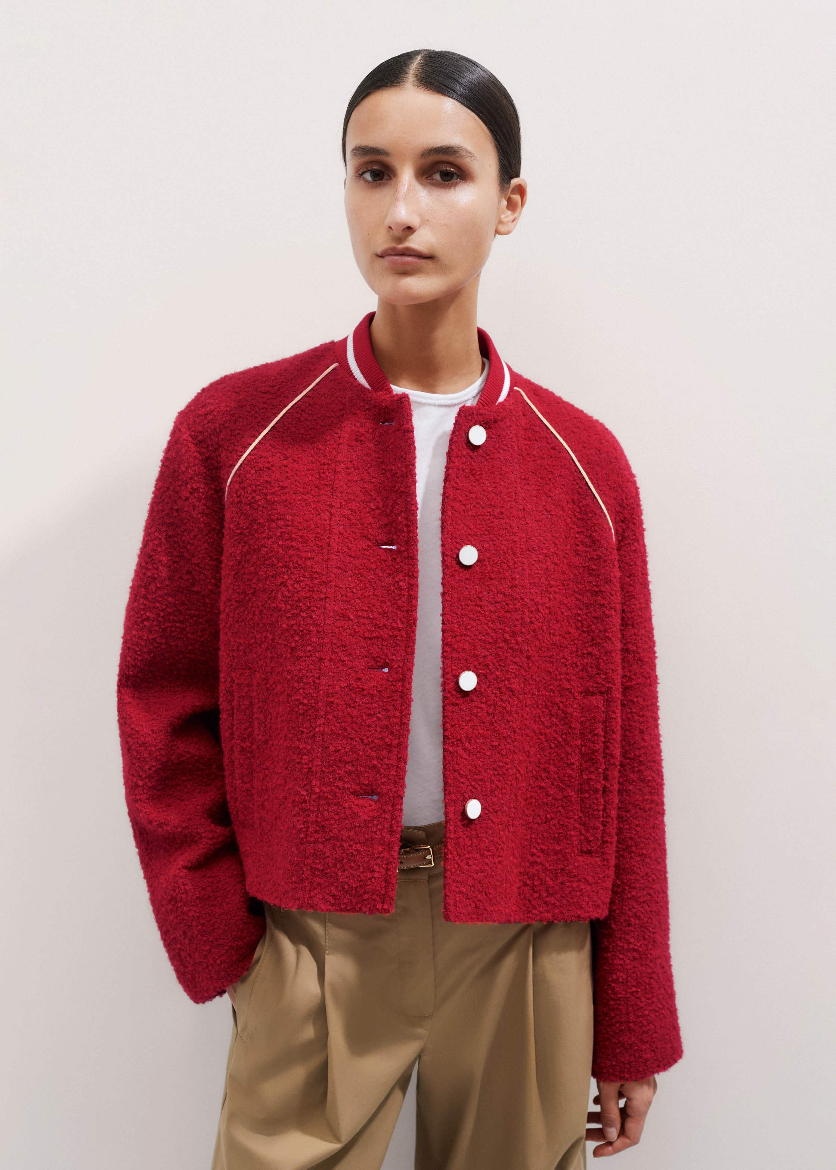 Women's Red Bouclé Varsity Swing Jacket | ME+EM