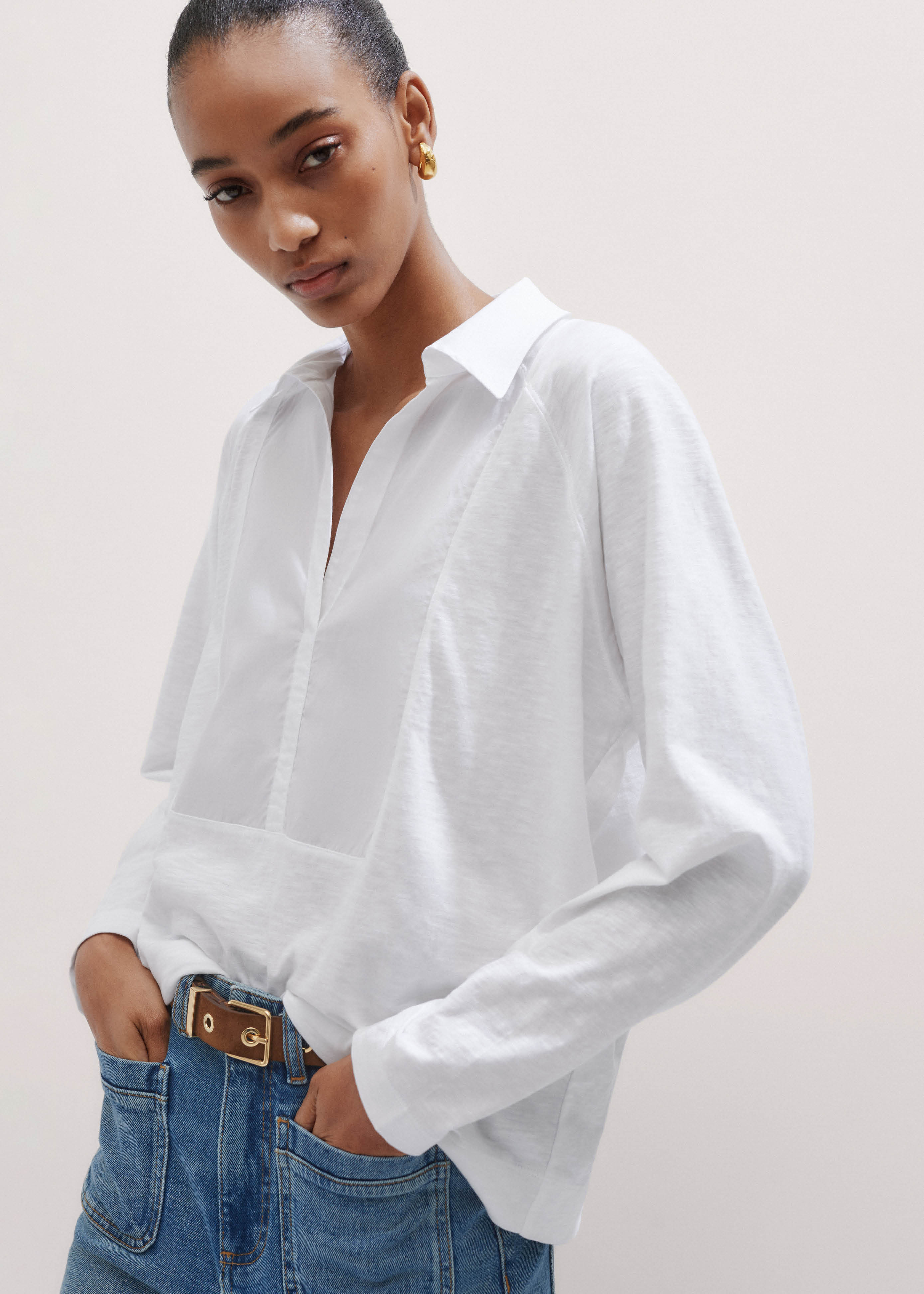 Women's White Slouchy Mixed Media Shirt | ME+EM