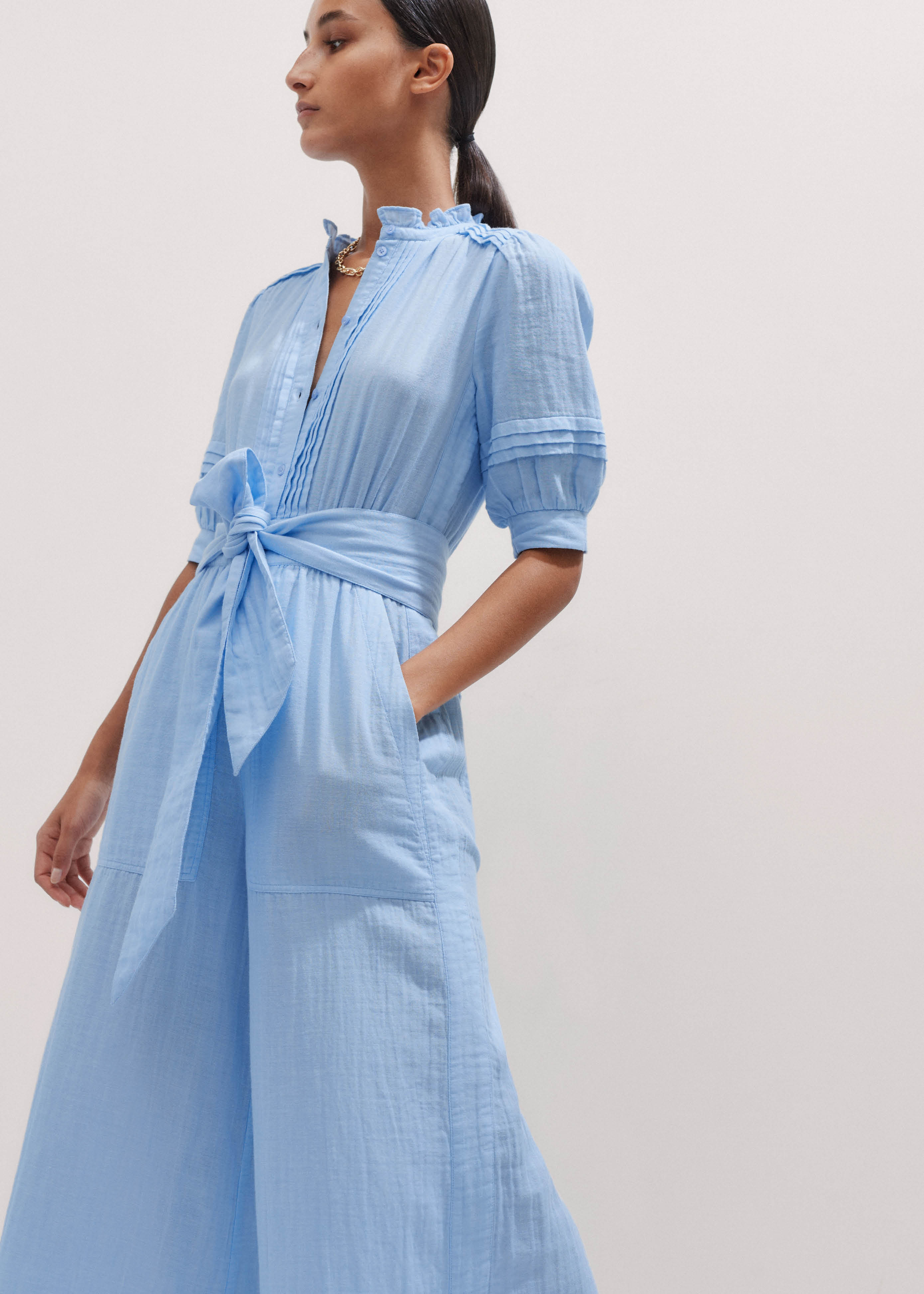 Women's Blue Cheesecloth Frill Detail Crop Jumpsuit + Belt | ME+EM