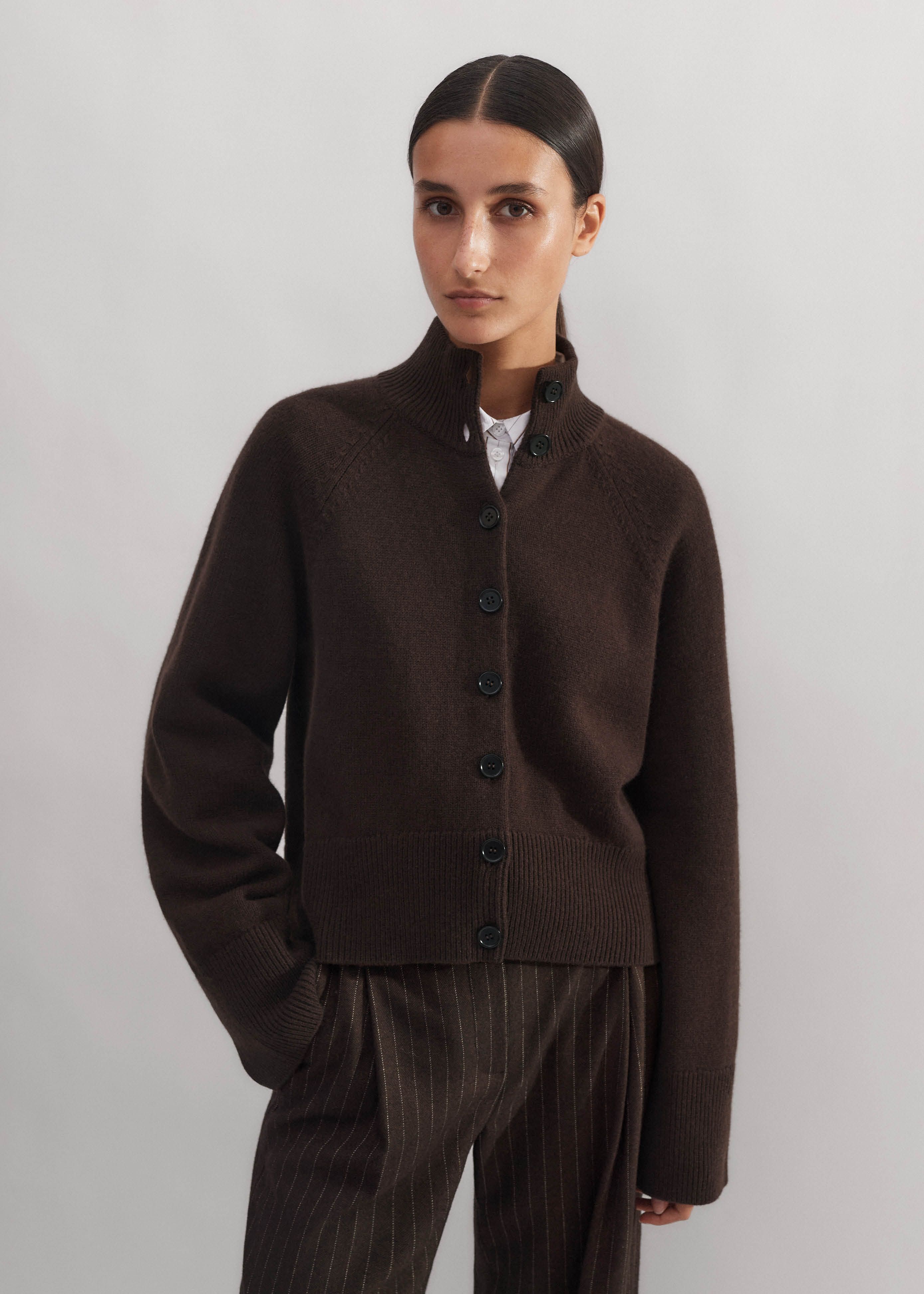 Women's Brown Merino Cashmere High Neck Cardigan | ME+EM