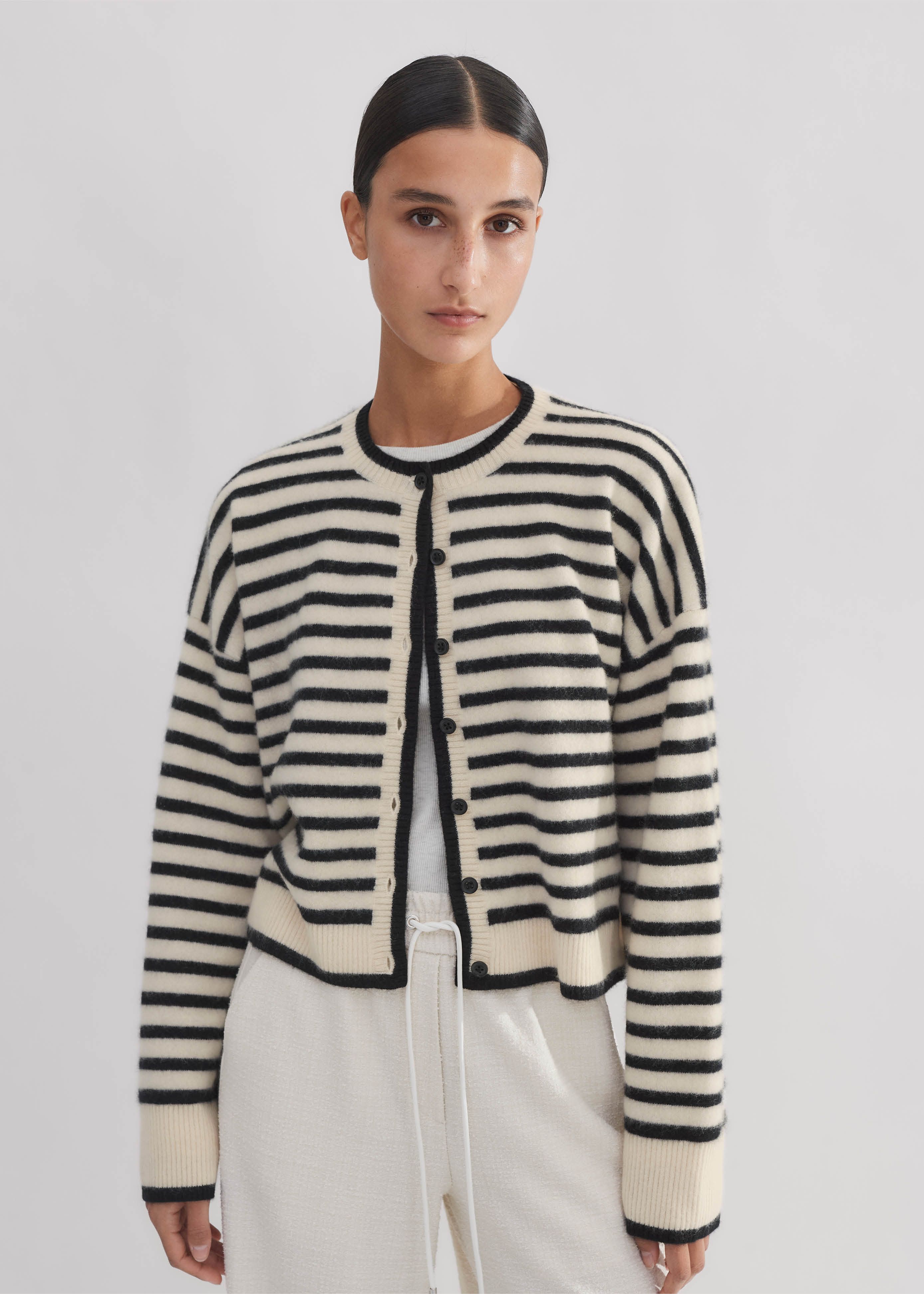 Women's Cream Boiled Cashmere Striped Cardigan | ME+EM