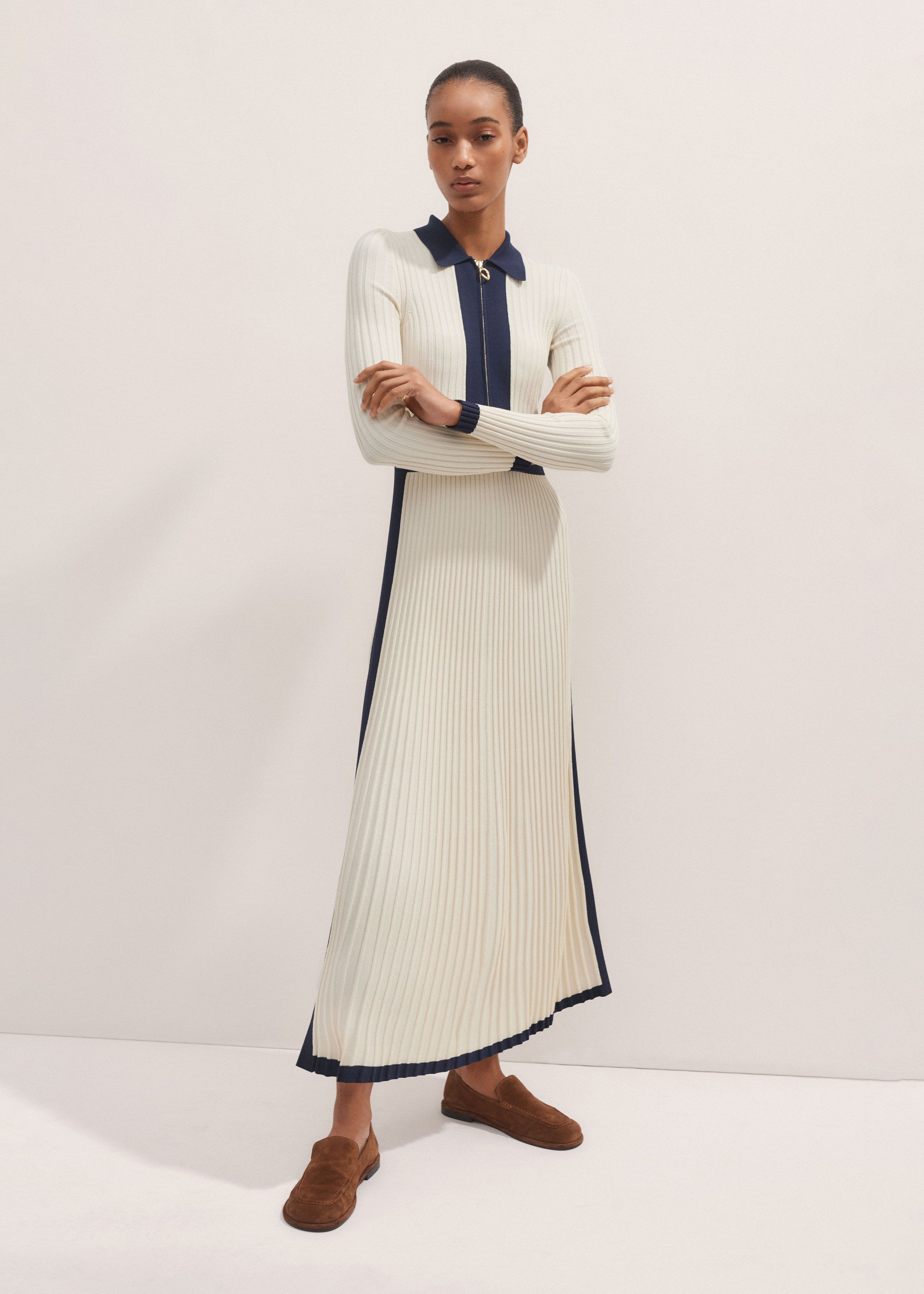 Women's Cream Collared Contrast Panel Maxi Dress | ME+EM