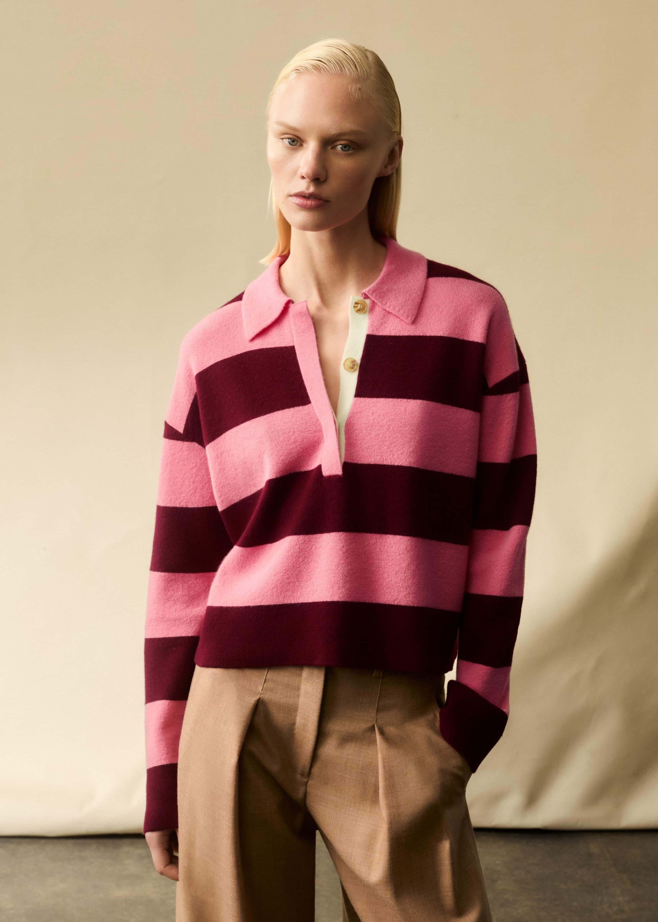 Women's Pink Merino Cashmere Rugby Stripe Shirt | ME+EM