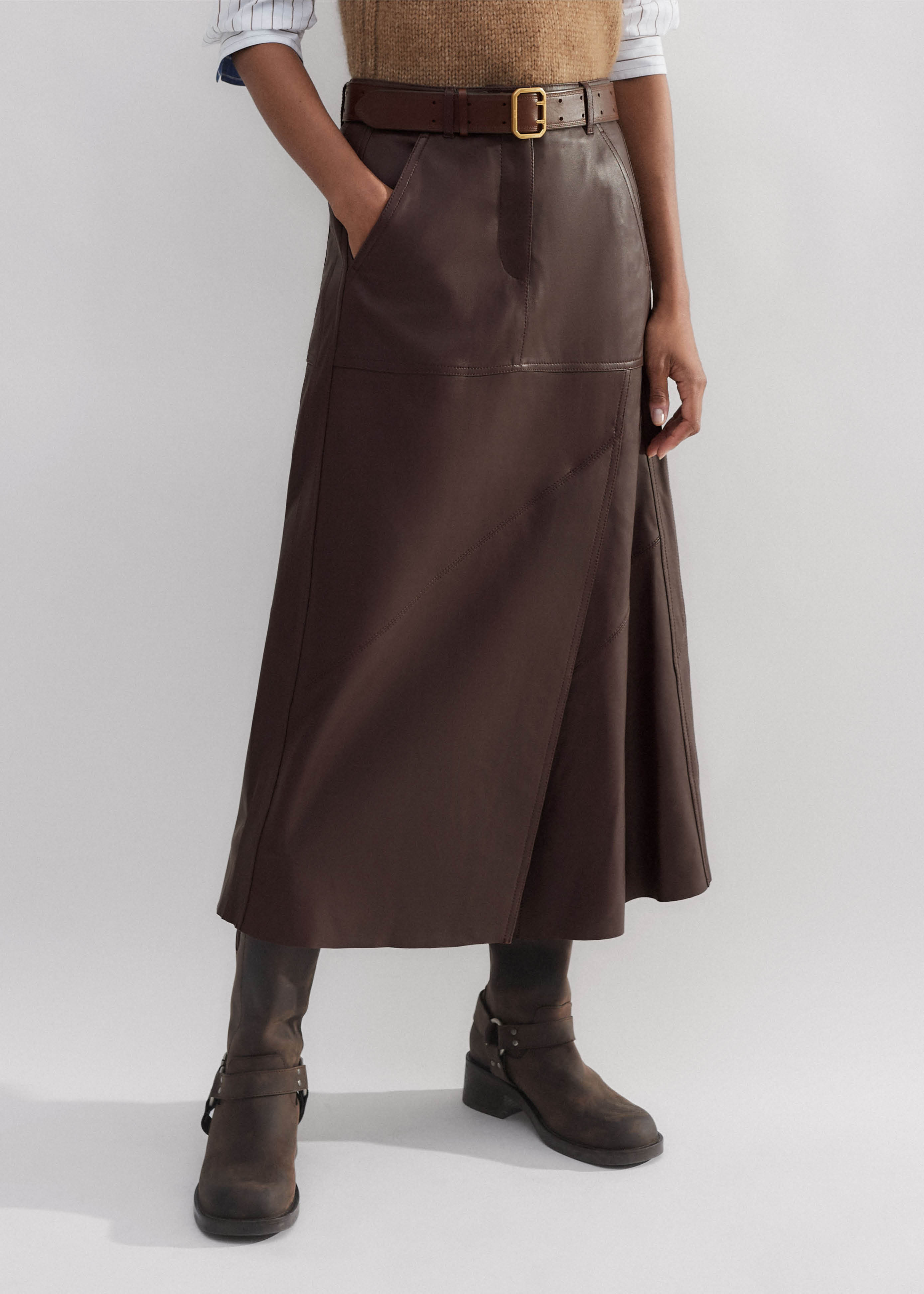 Women's Brown Luxe Leather A-Line Skirt | ME+EM