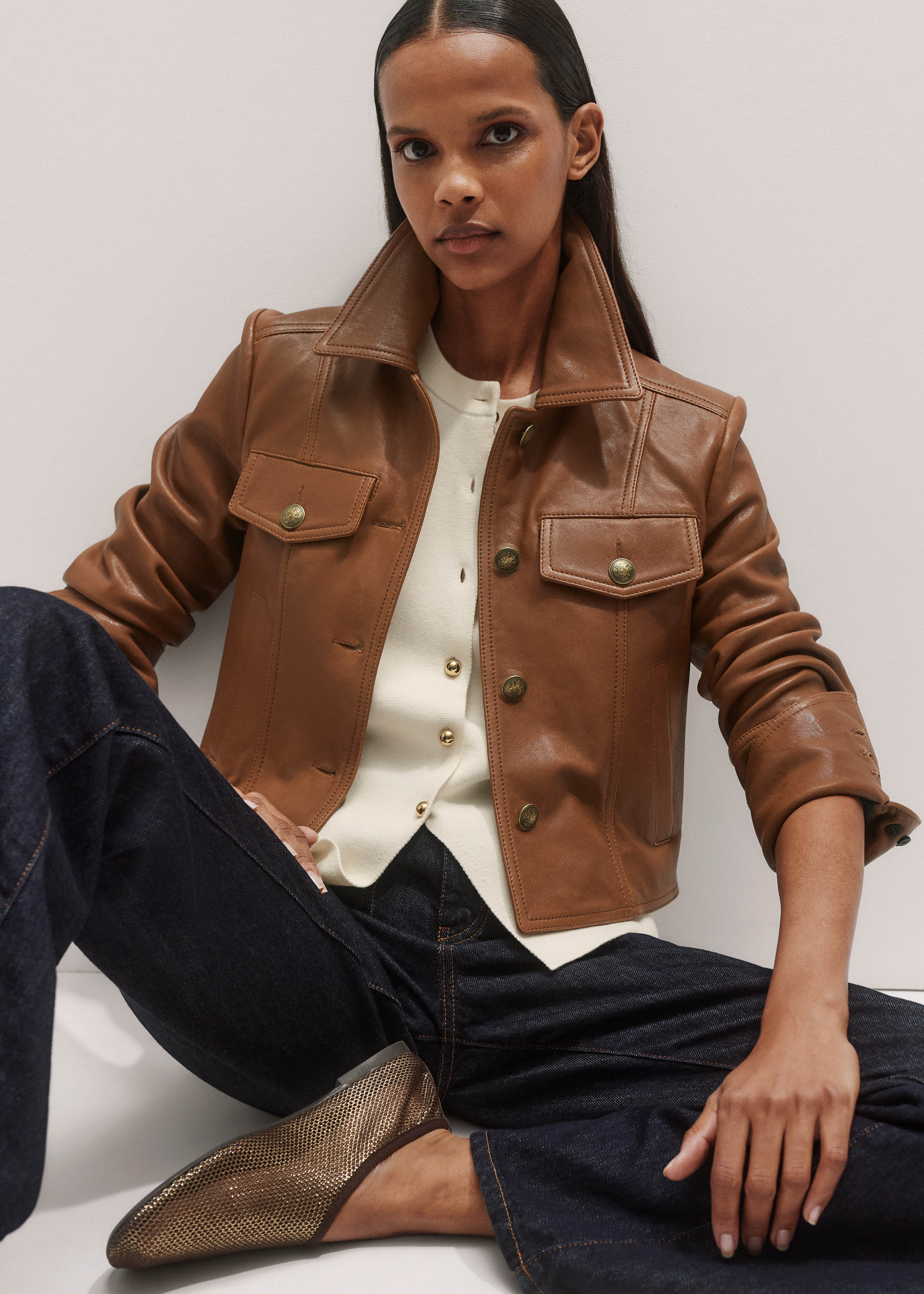 Women's Brown Leather Utility Crop Jacket | ME+EM