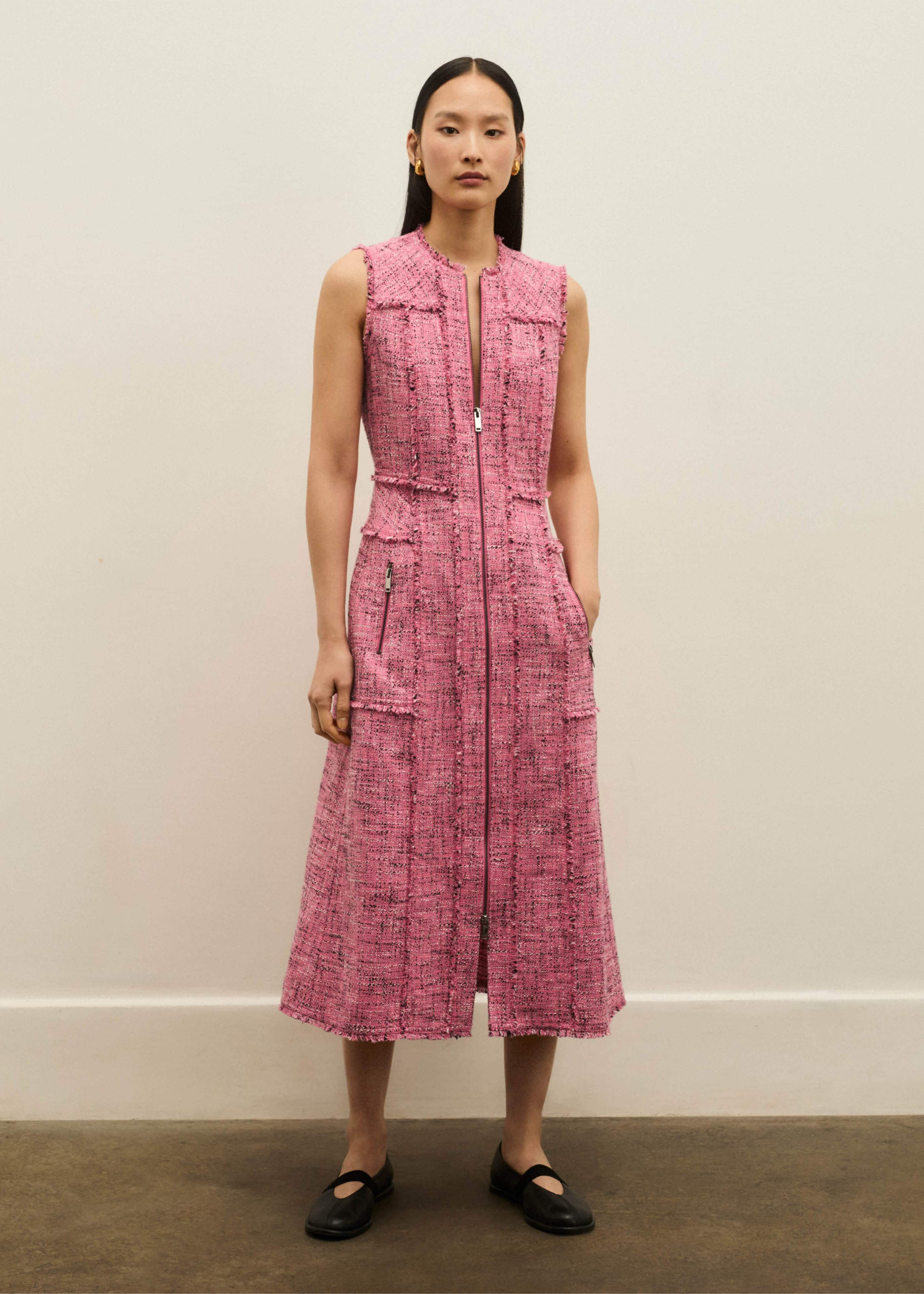 Women's Pink Tweed Zip Front Midi Dress | ME+EM