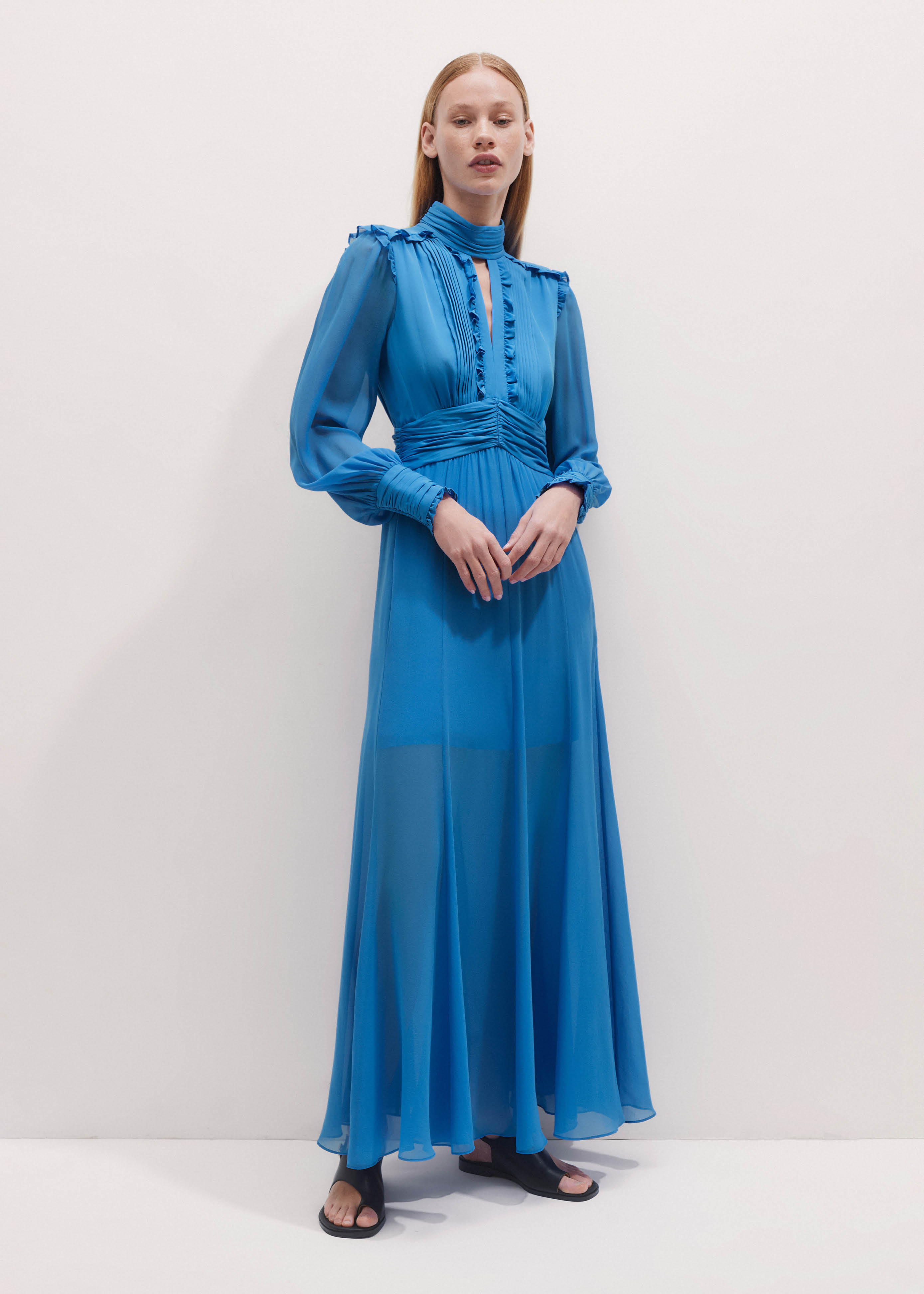 Women's Blue Silk Ultra Feminine Full-Length Dress | ME+EM