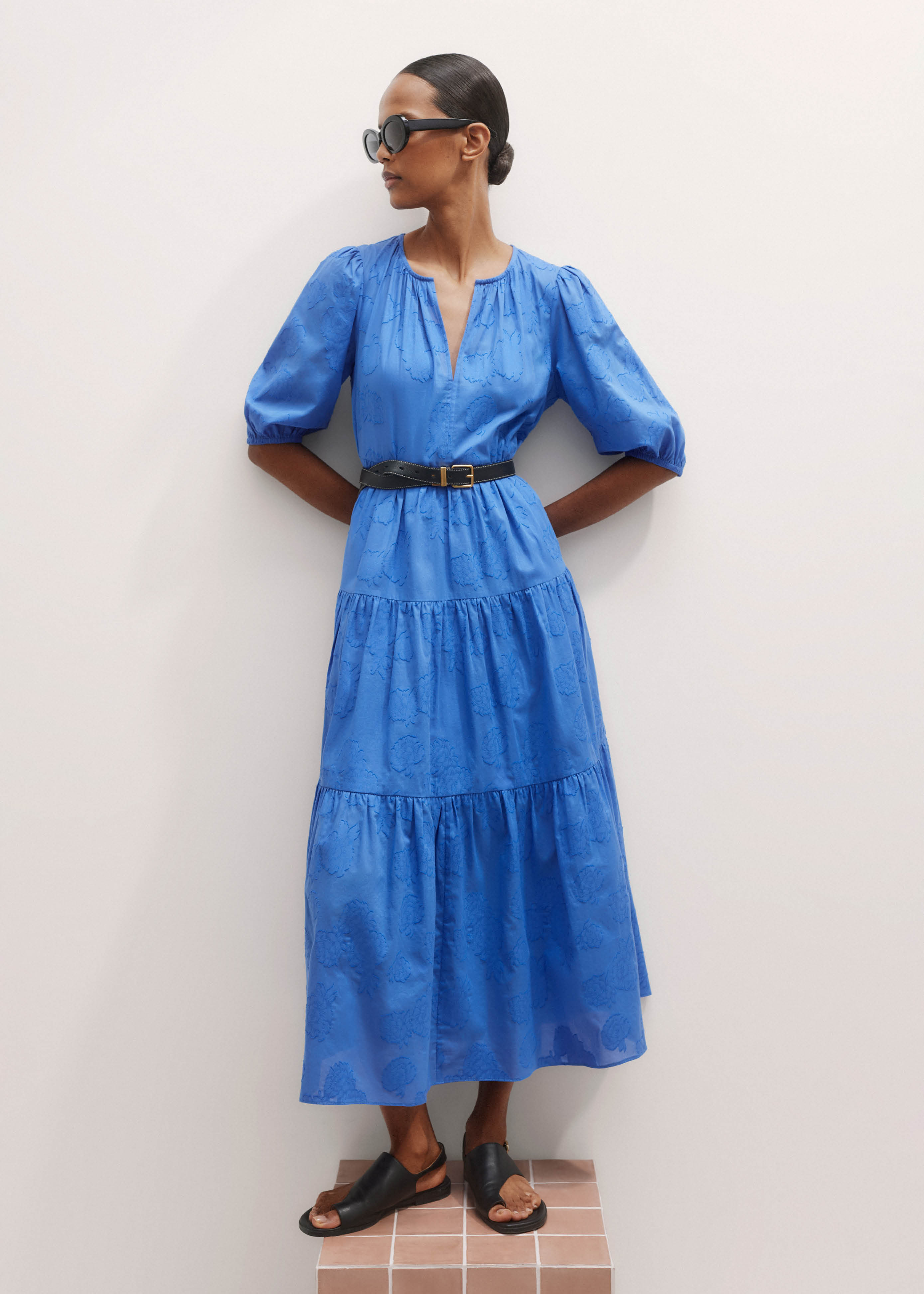 Women's Blue Cotton Jacquard Maxi Dress + Slip | ME+EM