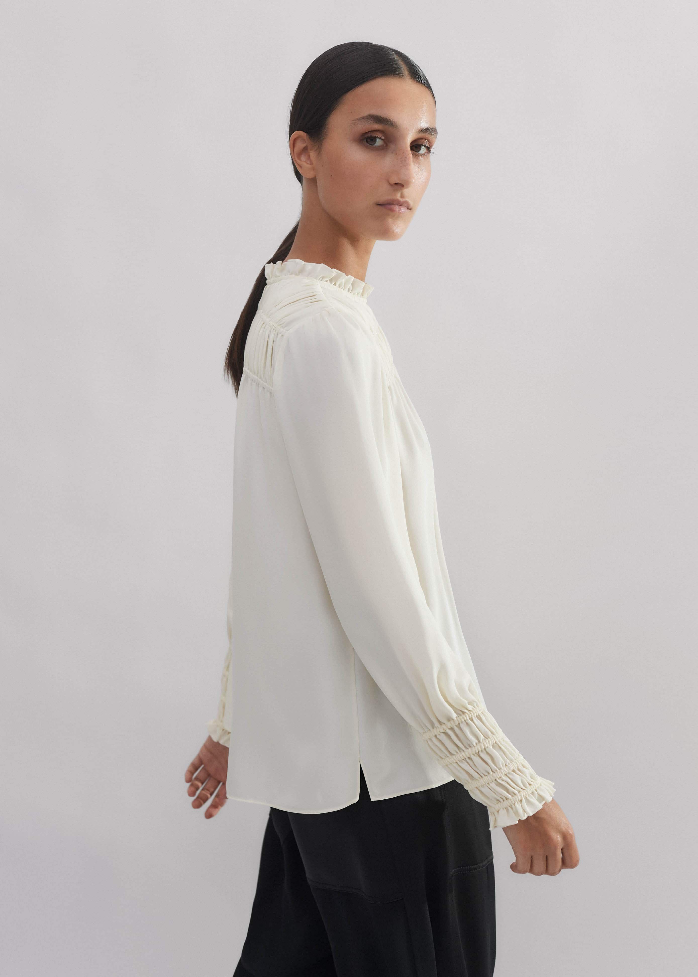 Women's Cream Silk High-Neck Swing Blouse | ME+EM