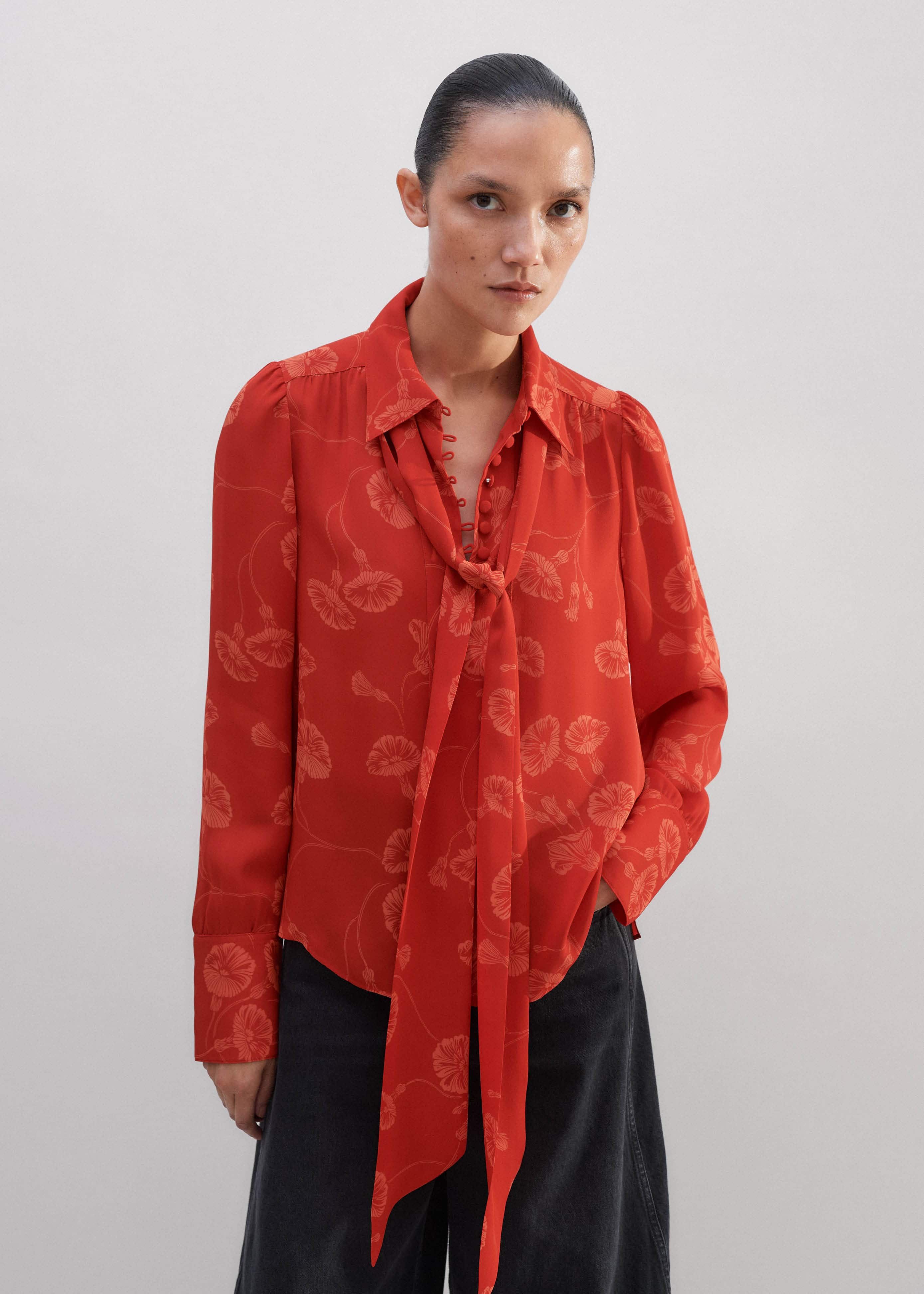 Women's Orange Silk Winter Floral Print Blouse + Tie | ME+EM