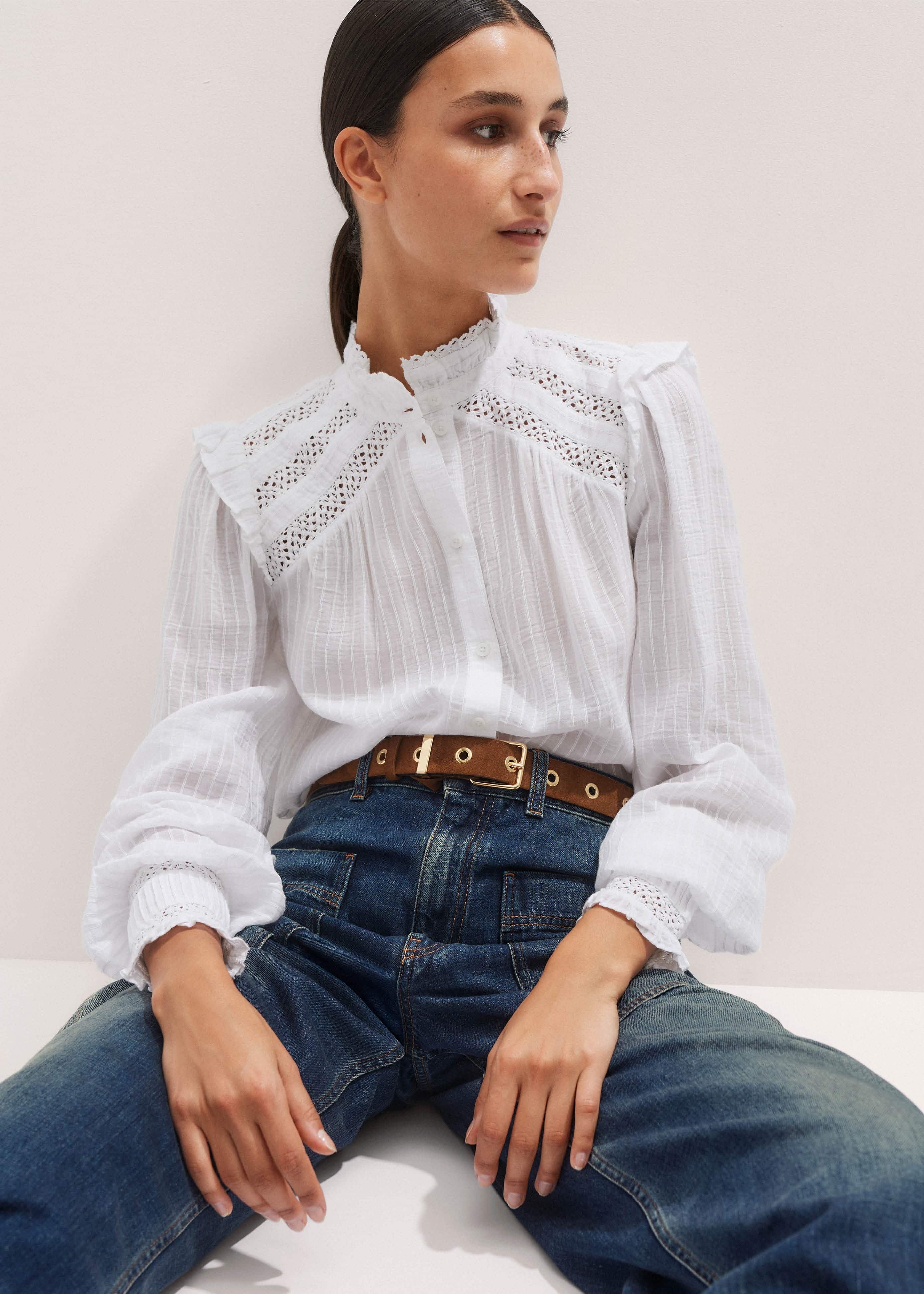 Women's White Cotton + Lace Trim Blouse | ME+EM