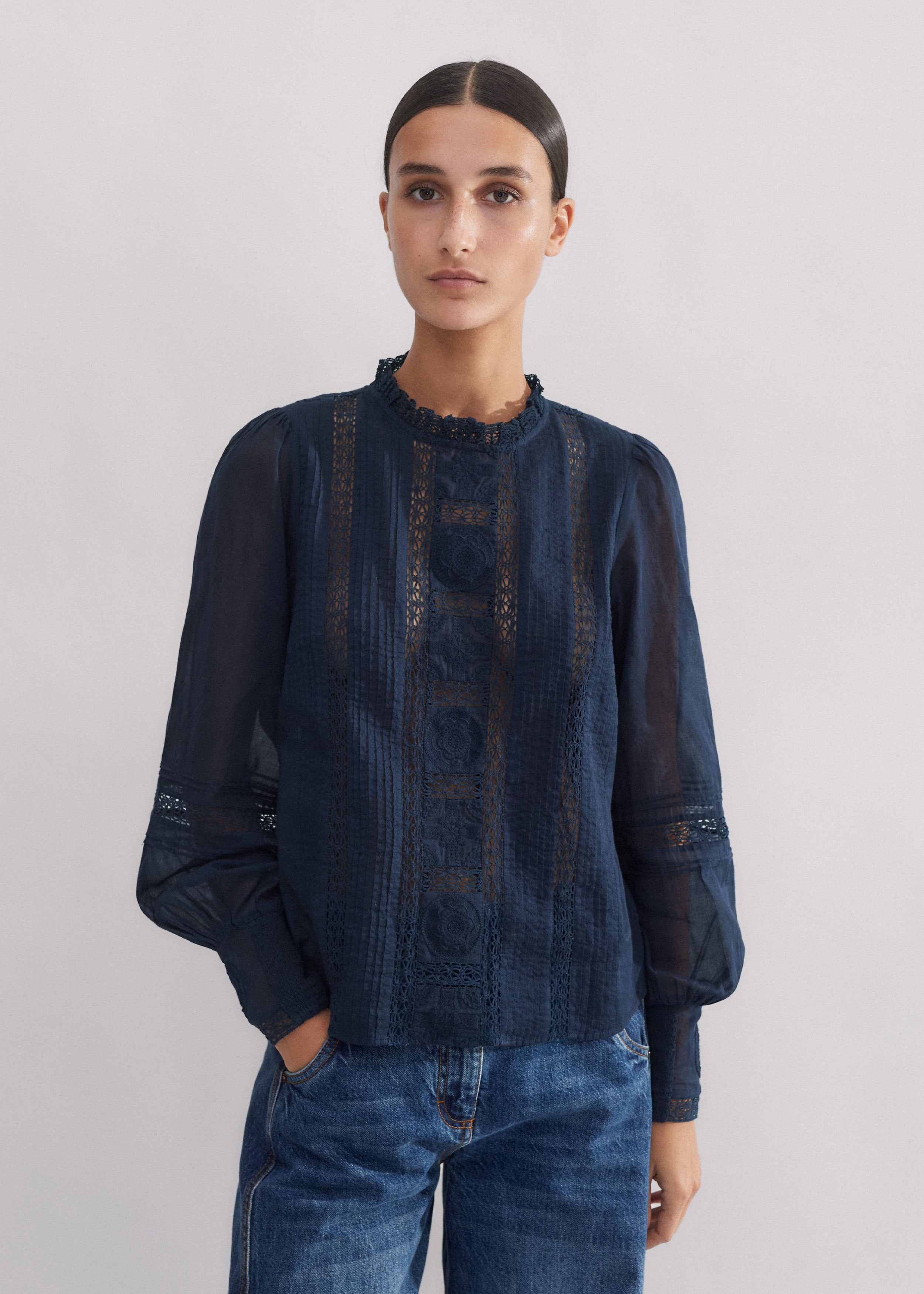 Women's Navy Cotton Voile Lace Top | ME+EM