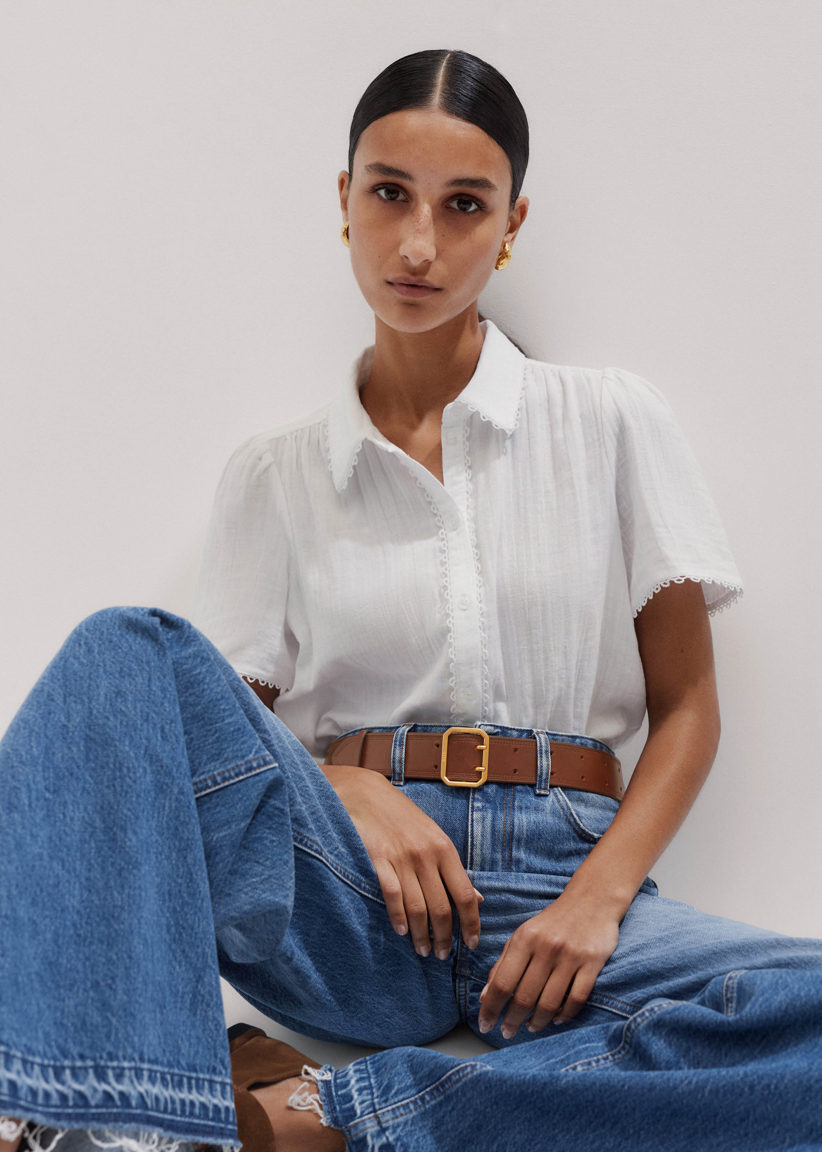 Women's White Cheesecloth Trim Detail Blouse | ME+EM