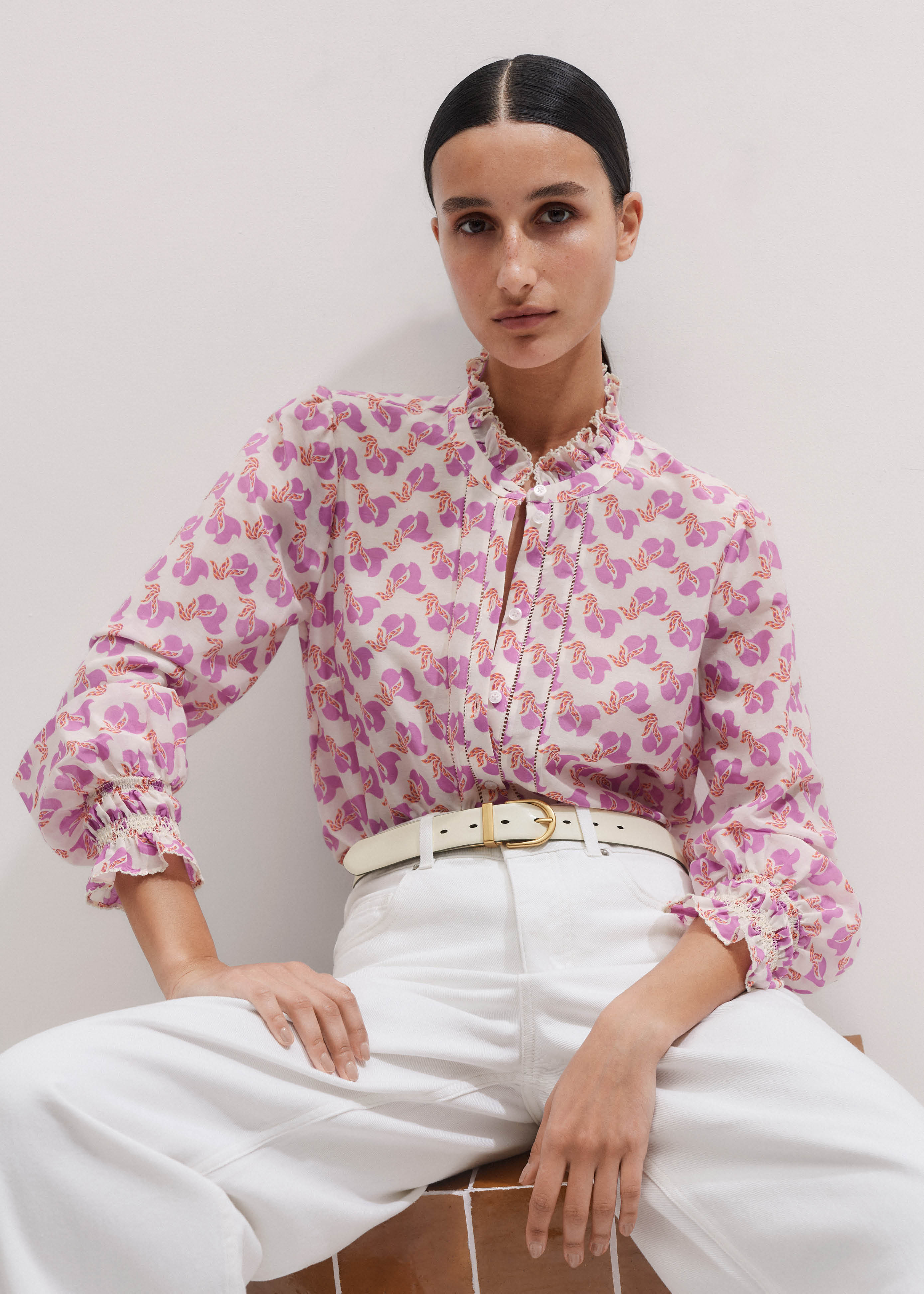 Women's Purple Silk Cotton Bird Of Paradise Print Blouse | ME+EM
