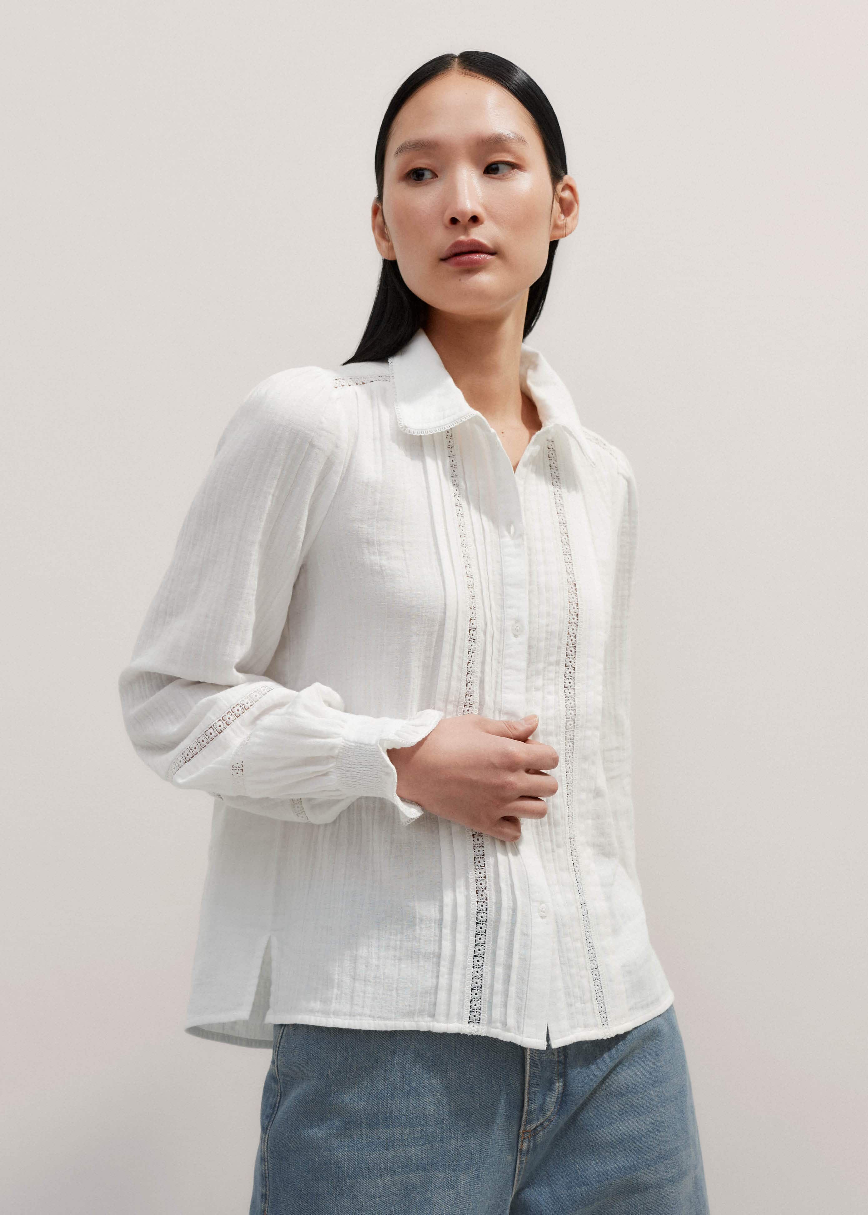 Women's White Cheesecloth Lace Trim Long Sleeve Blouse | ME+EM