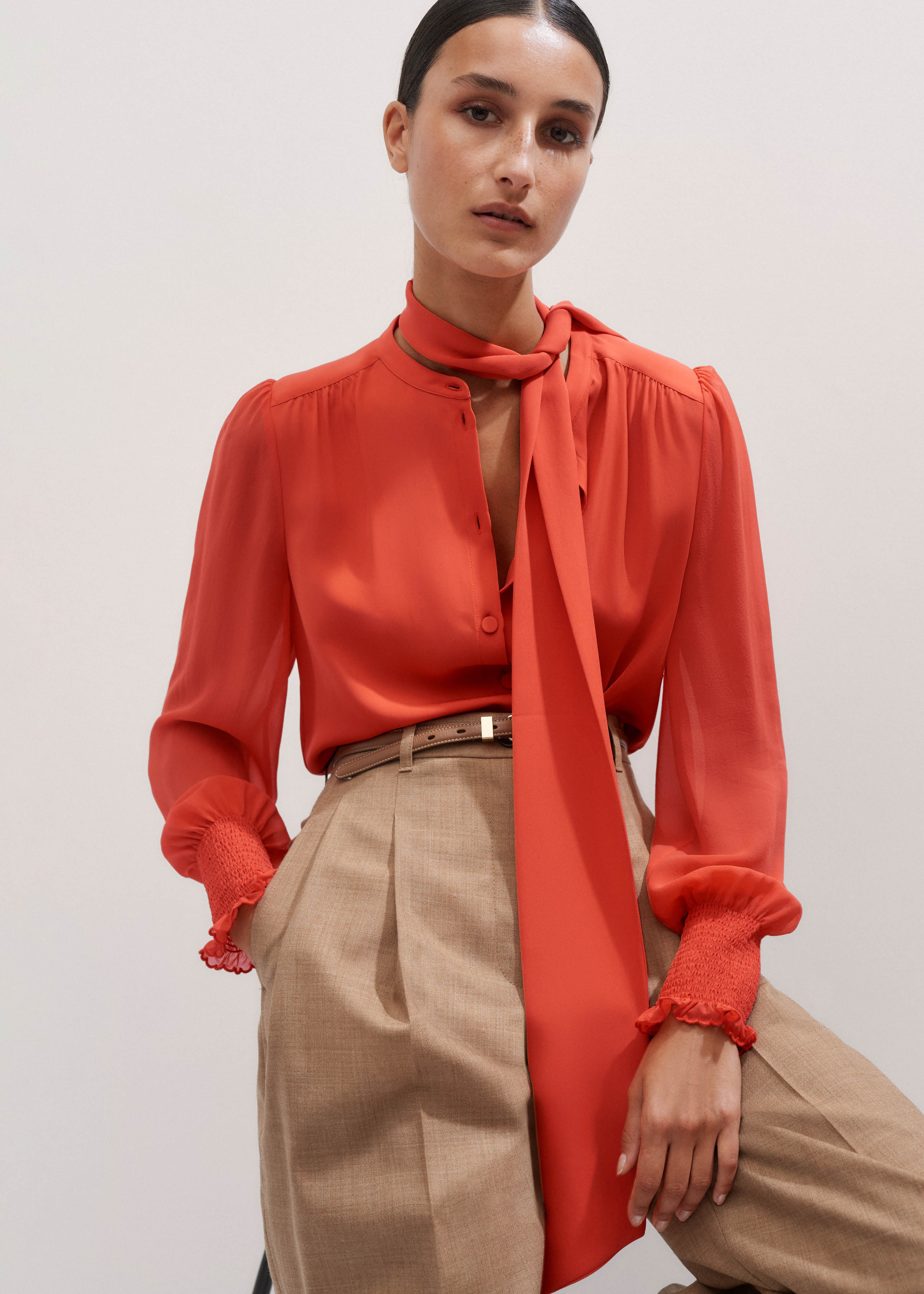 Women's Orange Silk Pussybow Blouse + Tie | ME+EM