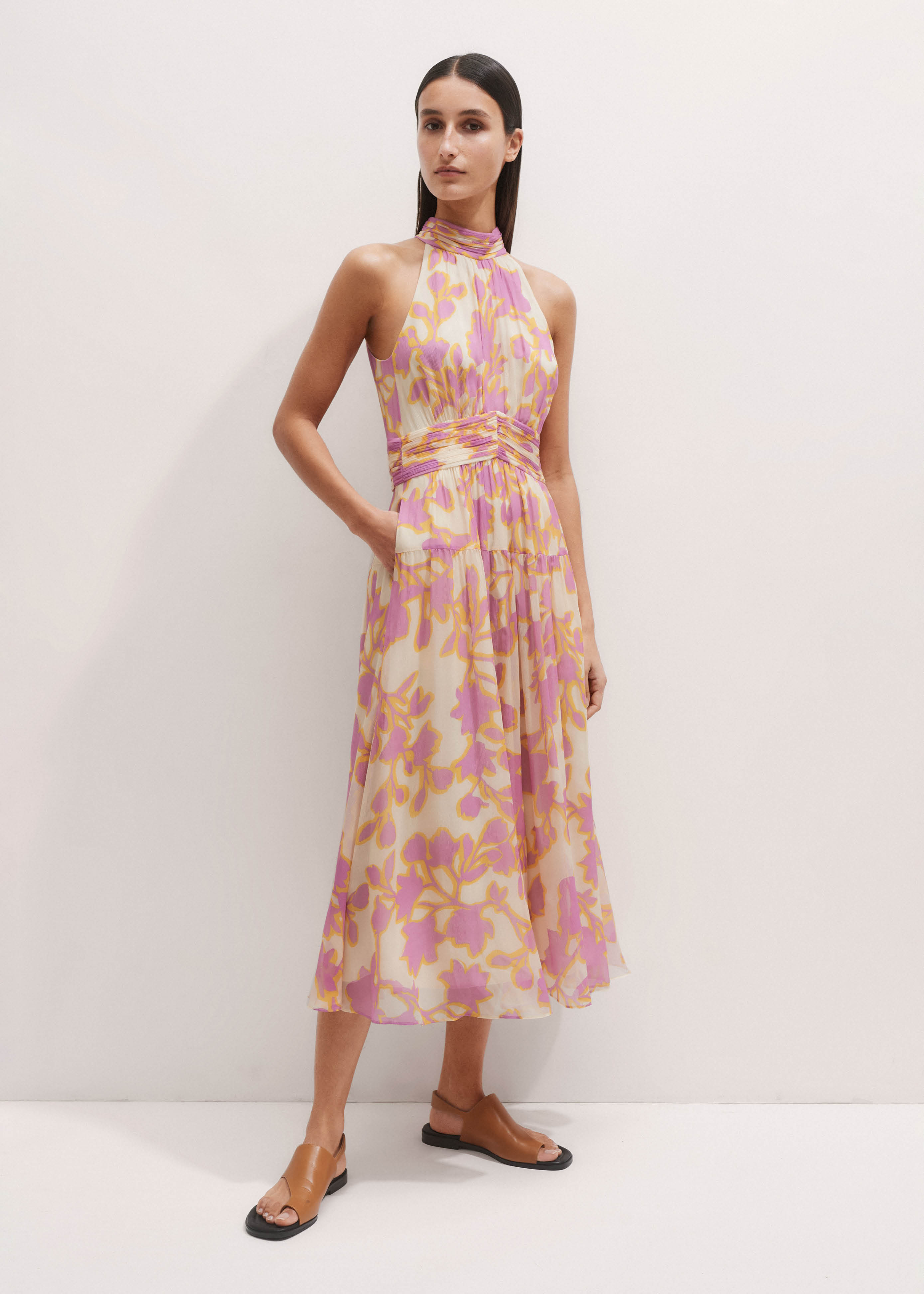 Women's Cream Shadow Paradise Print Halterneck Midi Dress | ME+EM