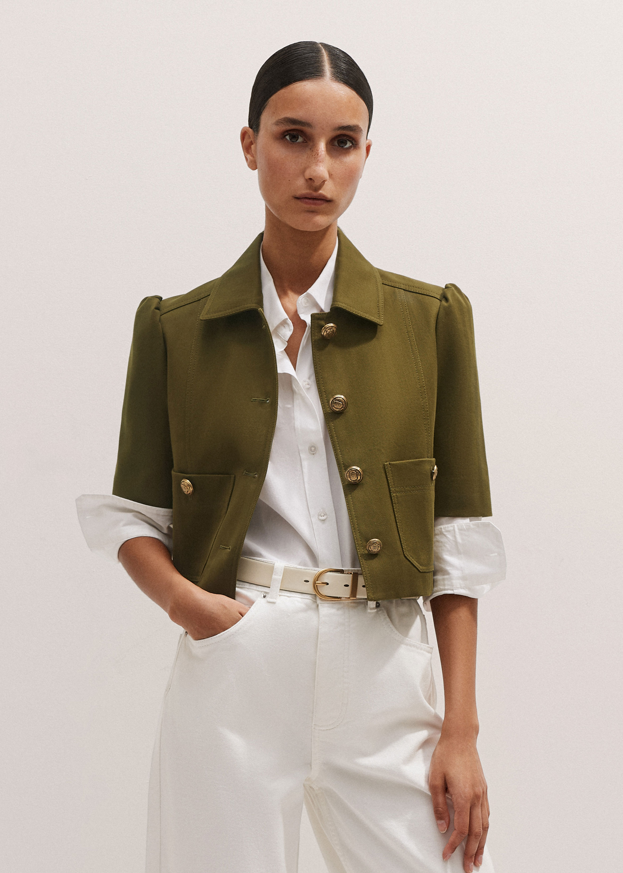 Women's Olive Green Herringbone Crop Jacket | ME+EM