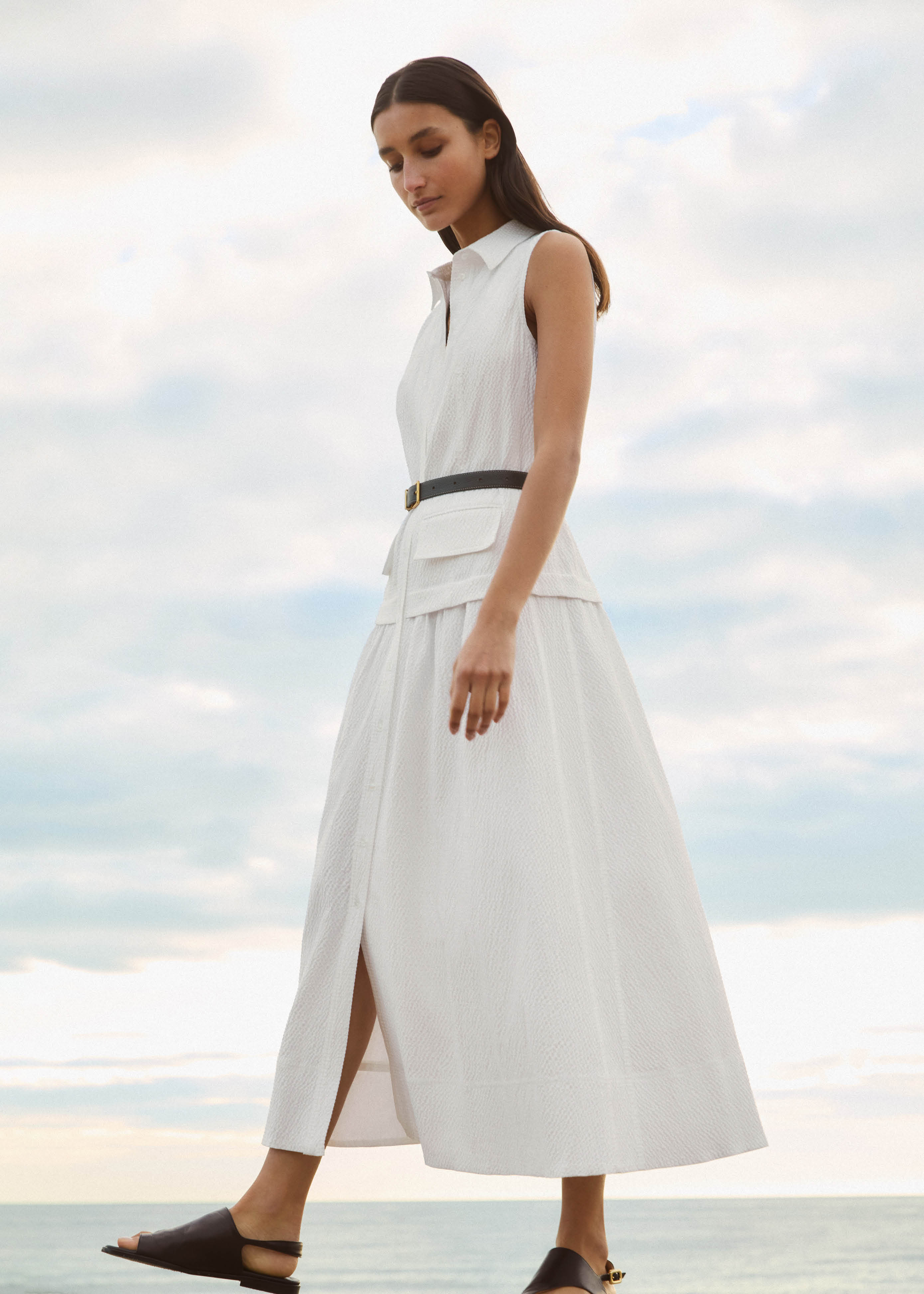 Women's White Seersucker Maxi Shirt Dress + Belt | ME+EM