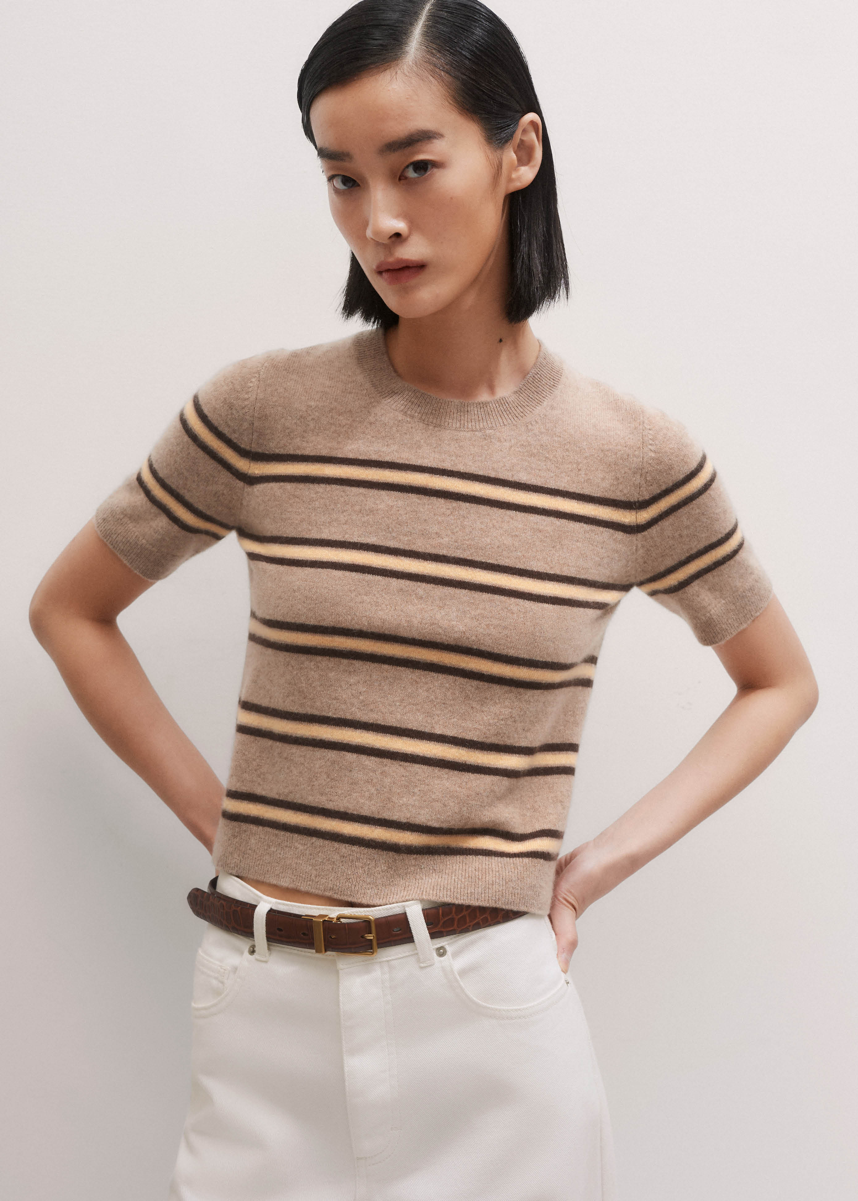 Women's Brown Cashmere Stripe Crop Knit Tee | ME+EM