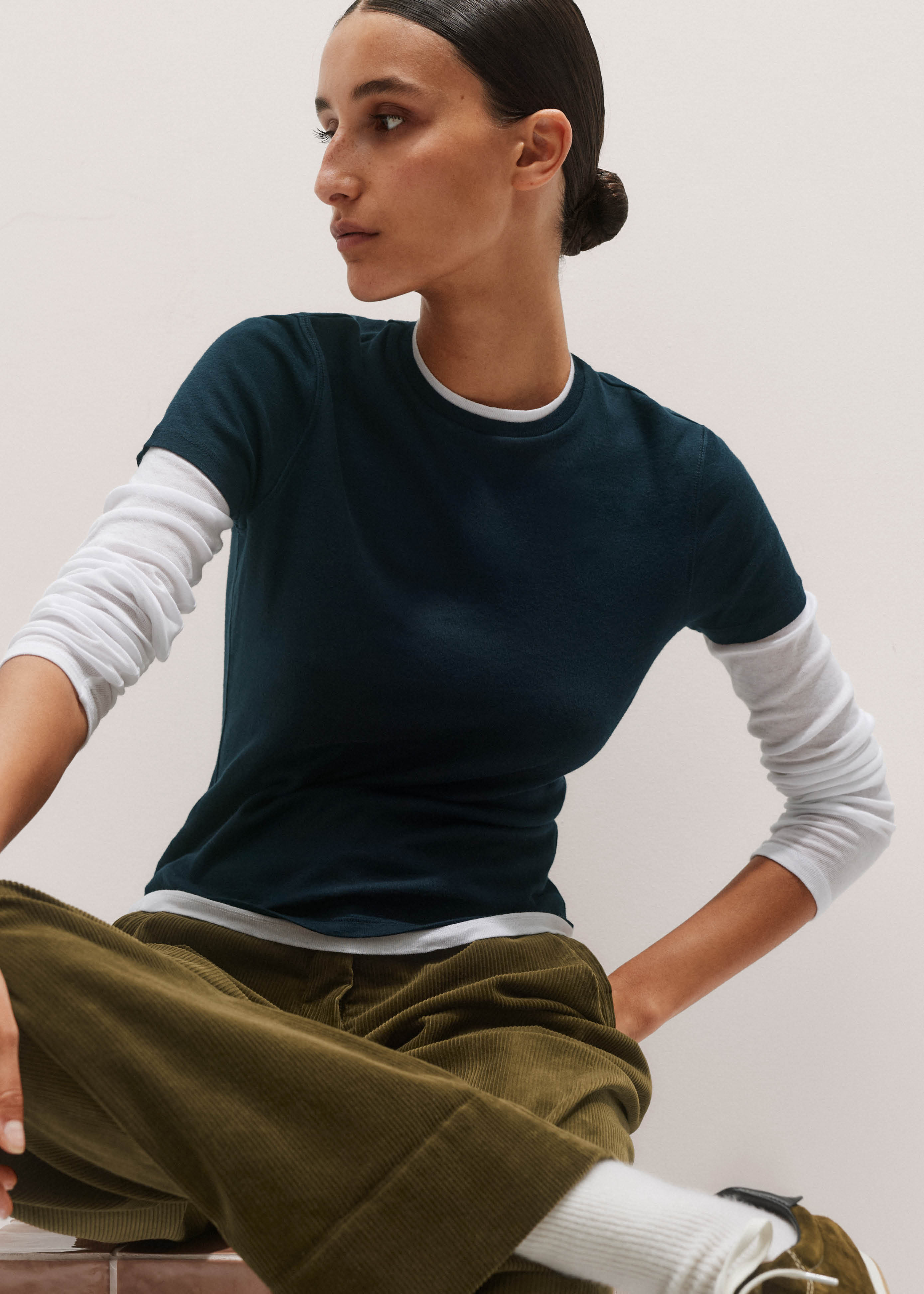 Women's Navy Sheer Rib Double Layer Top | ME+EM