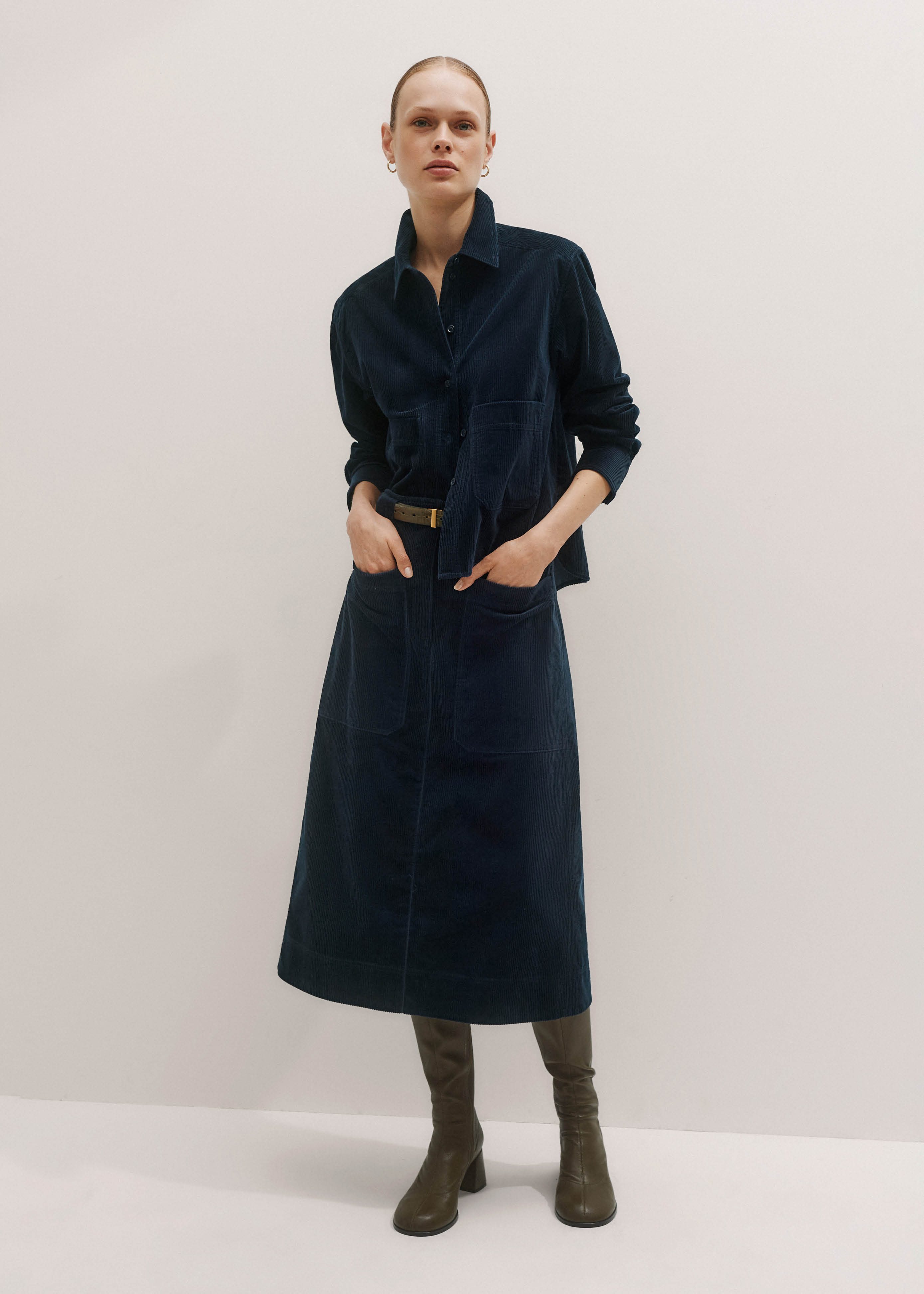 Women's Navy Cord A-Line Midi Skirt | ME+EM