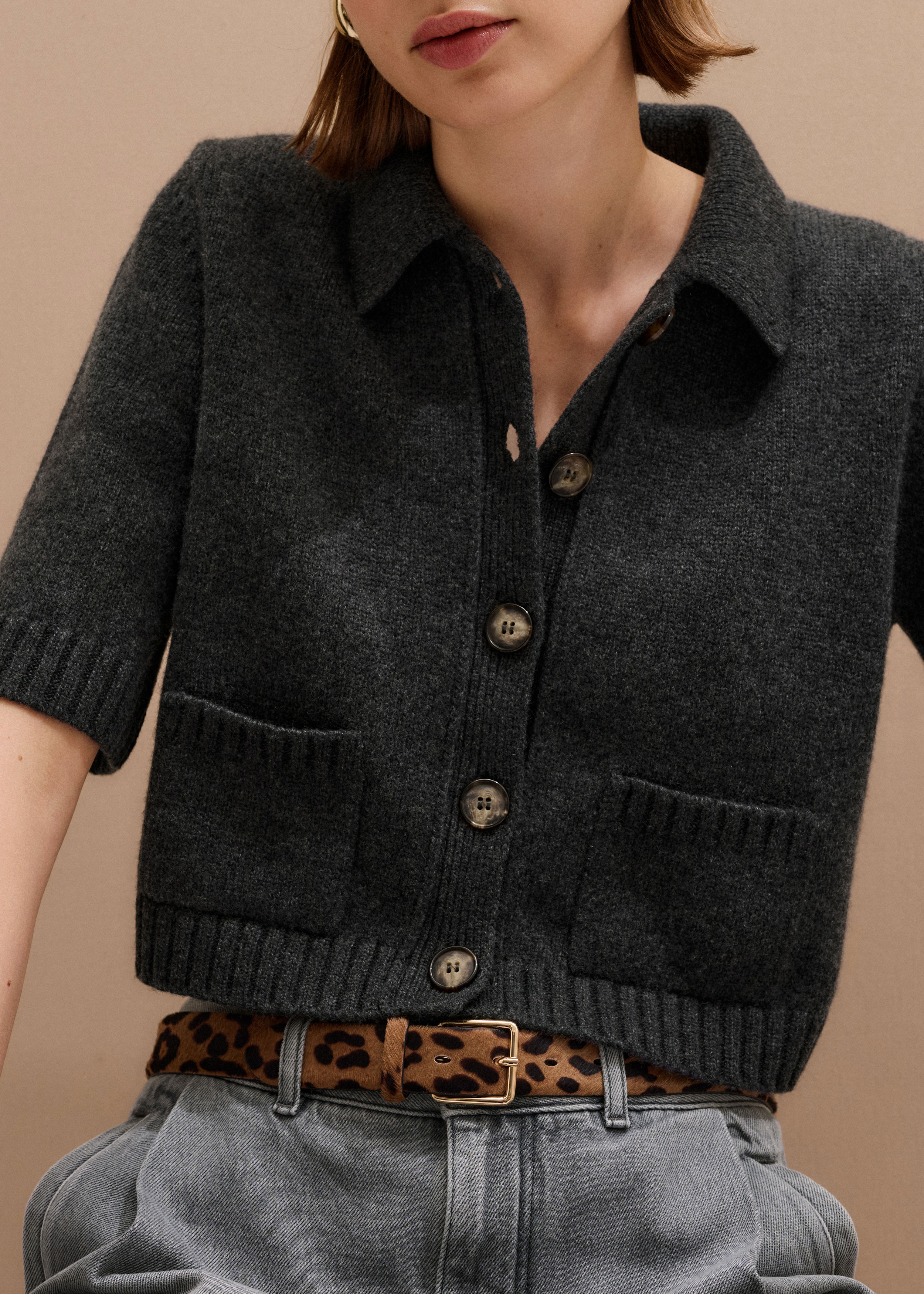 Women's Gray Short Sleeve Cropped Knit Jacket | ME+EM